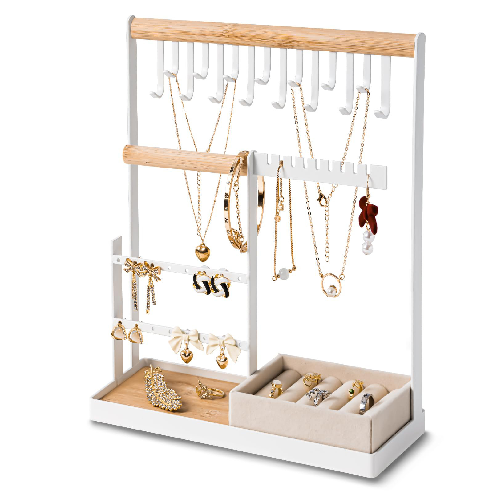Latitude Run® 4-Layer Velvet Jewellery Storage Rack 15 Hooks 16 Holes ...