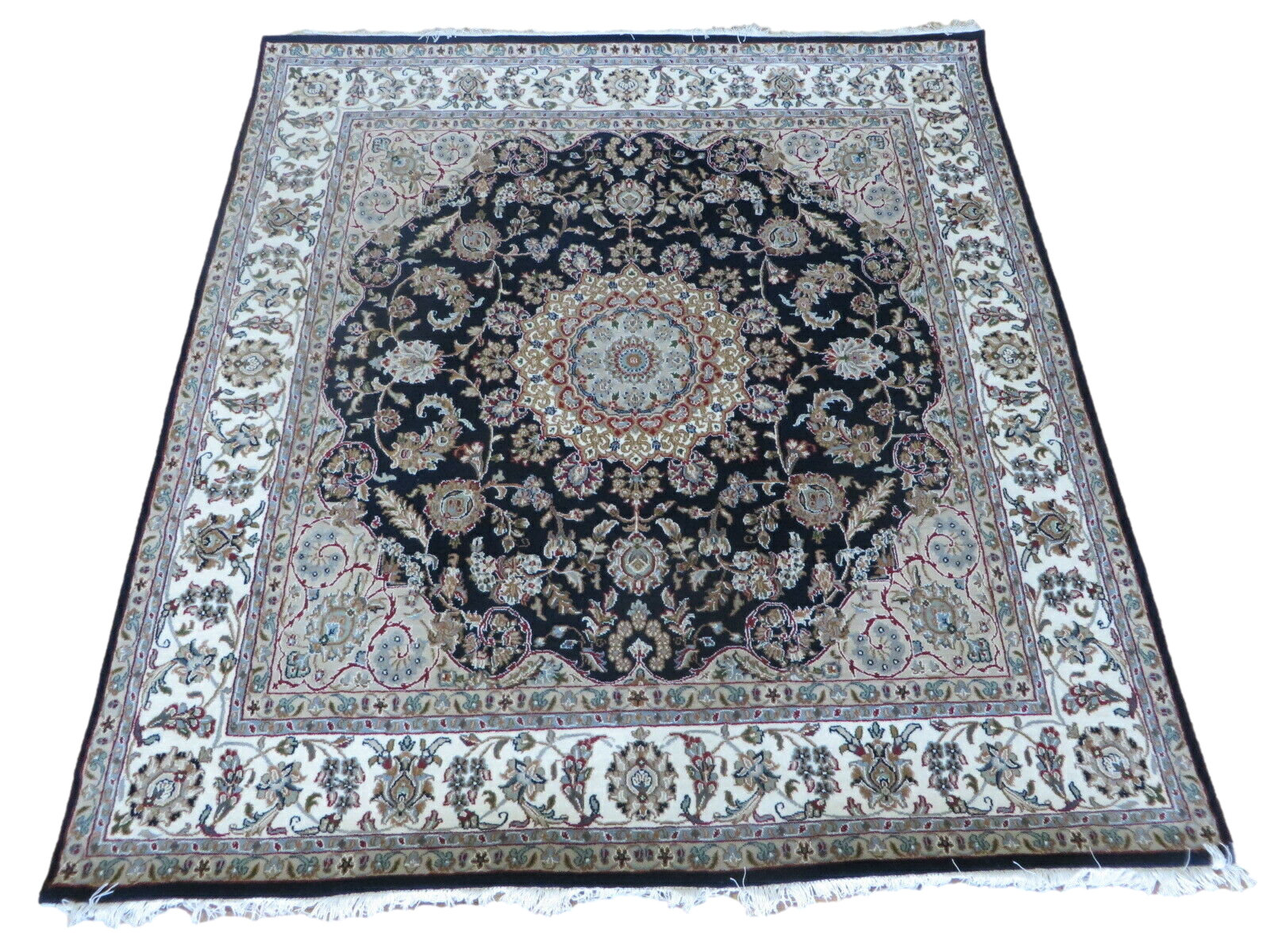 Canora Grey Daveion Hand Knotted Navy Blue Fine Nain With Silk Oriental ...