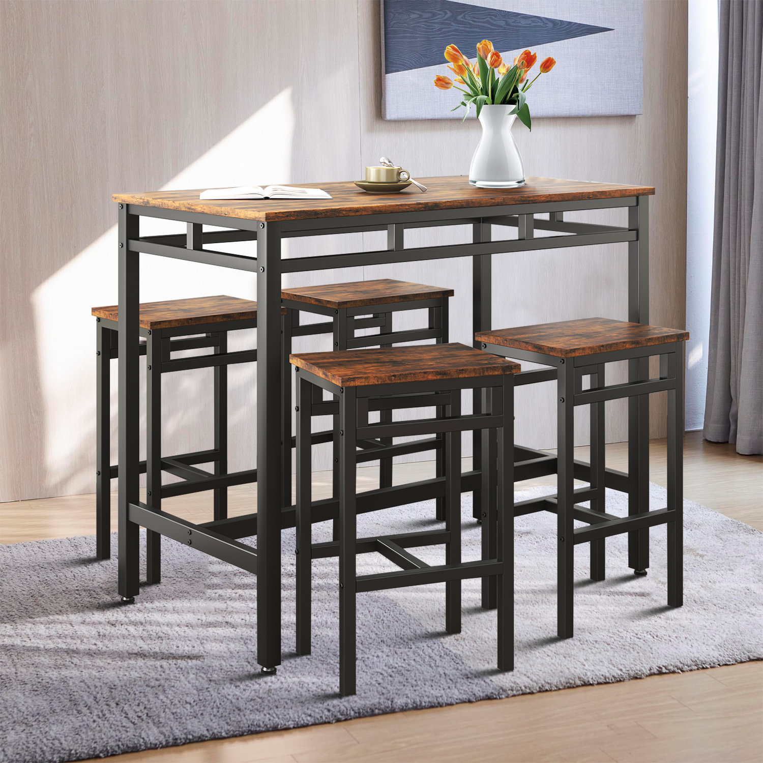 17 Stories Steel Frame Bar Table Set Of Five, Four Stools with ...