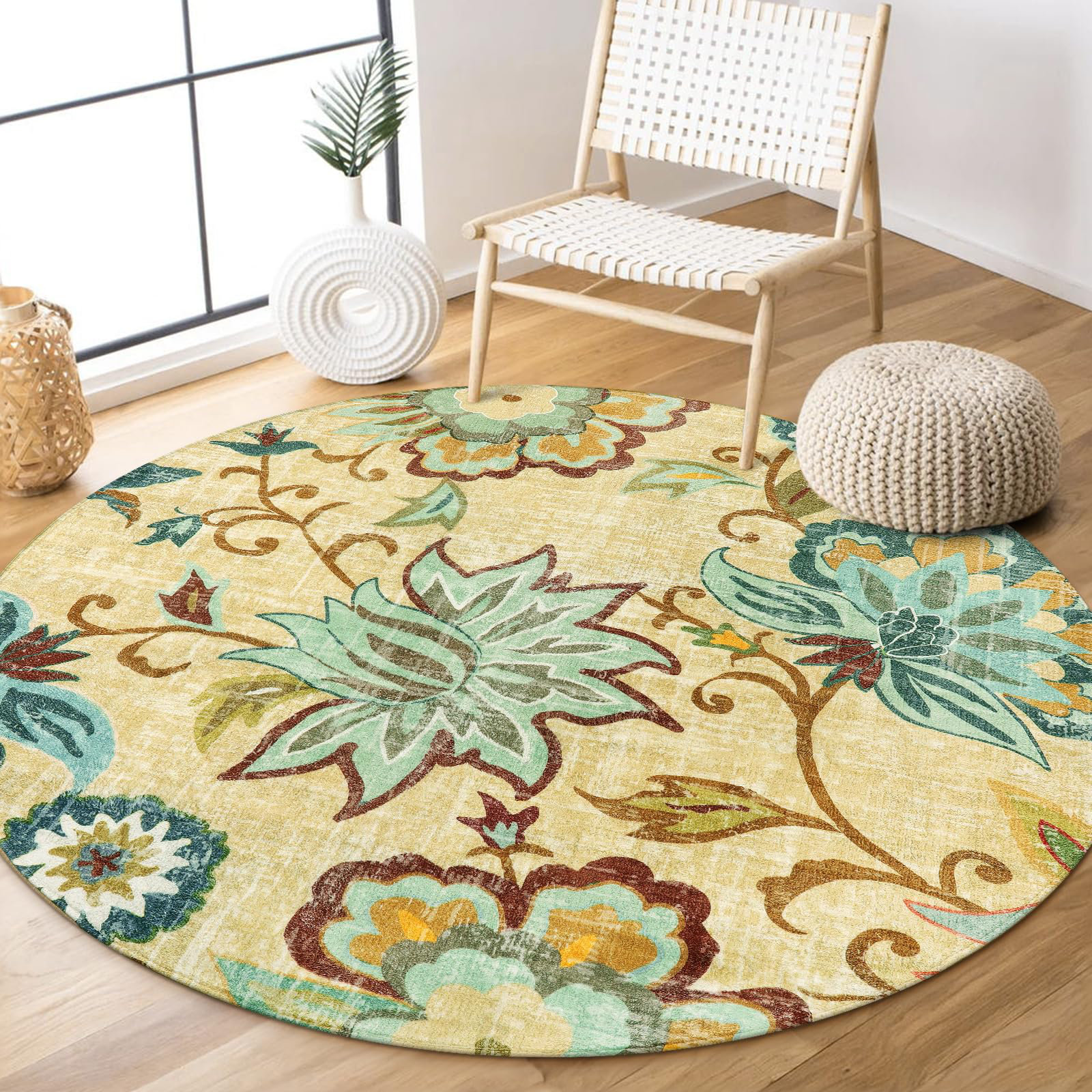 Alcott Hill® Floral Round Area Rugs - Washable Soft Large Round Rugs ...