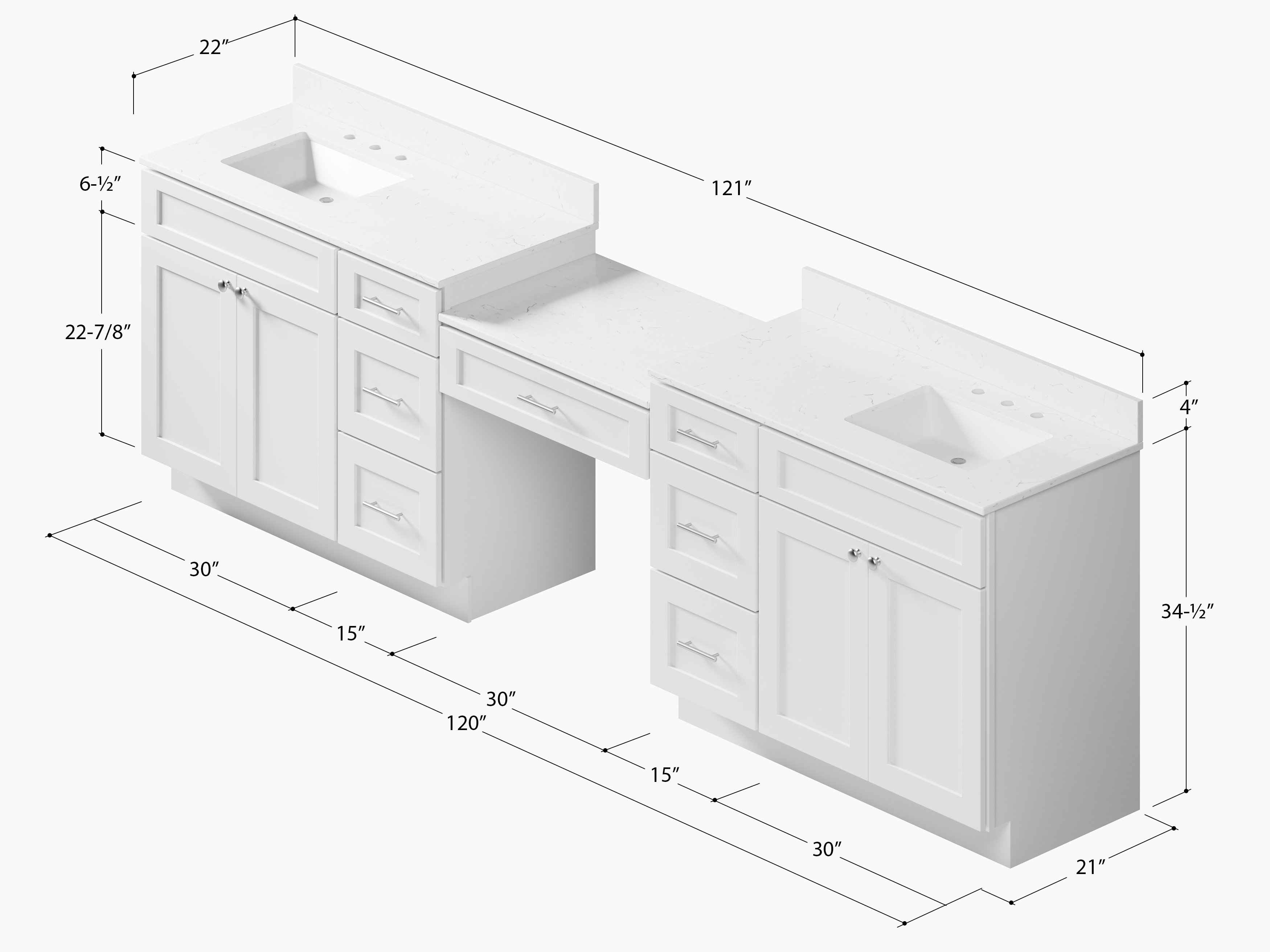 Disar 120" Double Bathroom Vanity With Desk Dovetail Solid Wood Drawer ...