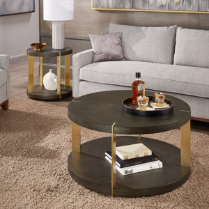 Mercer41 Sula Gold Finish Dark Brown Faux Shagreen Round Table - Coffee ...