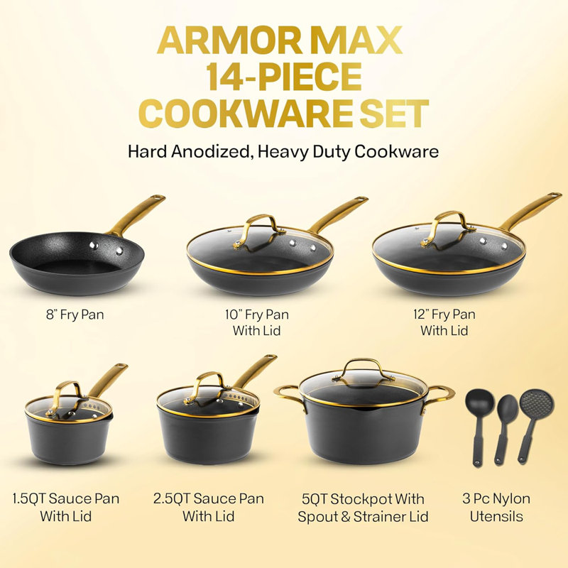 Granitestone Armor Max Gold 14 Piece Nonstick Hard Anodized Cookware ...
