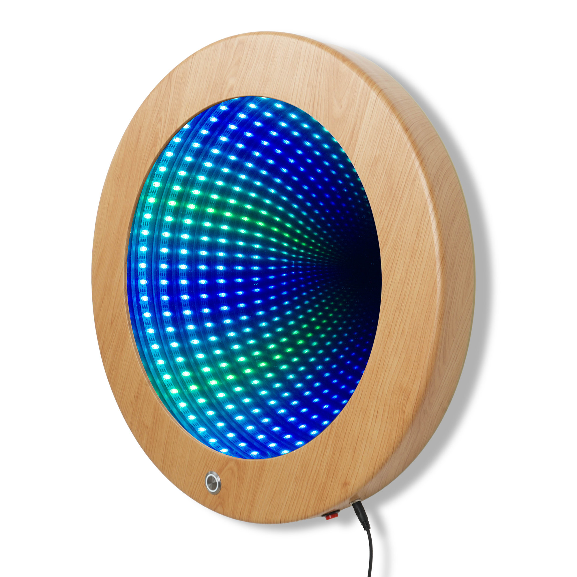 Hokku Designs Round Infinity Mirror Sensory Light – Smooth Wooden Frame, Rechargeable, Multi ...