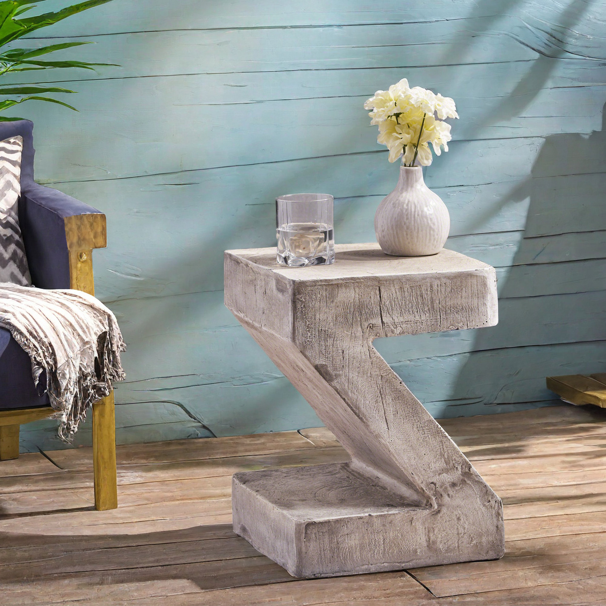 Gracie Oaks Z-Shaped Modern Outdoor Side Table - Rustic Concrete Finish ...