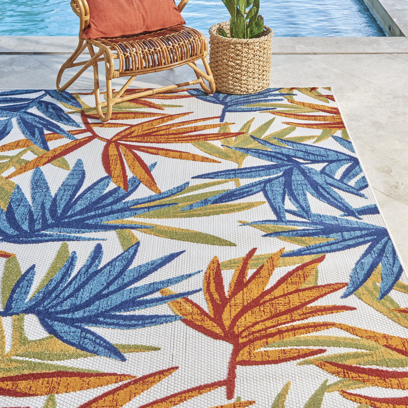 Gertmenian Fosel Bumba Blue/Orange/Ivory Tropical Leaf Flatweave Indoor ...