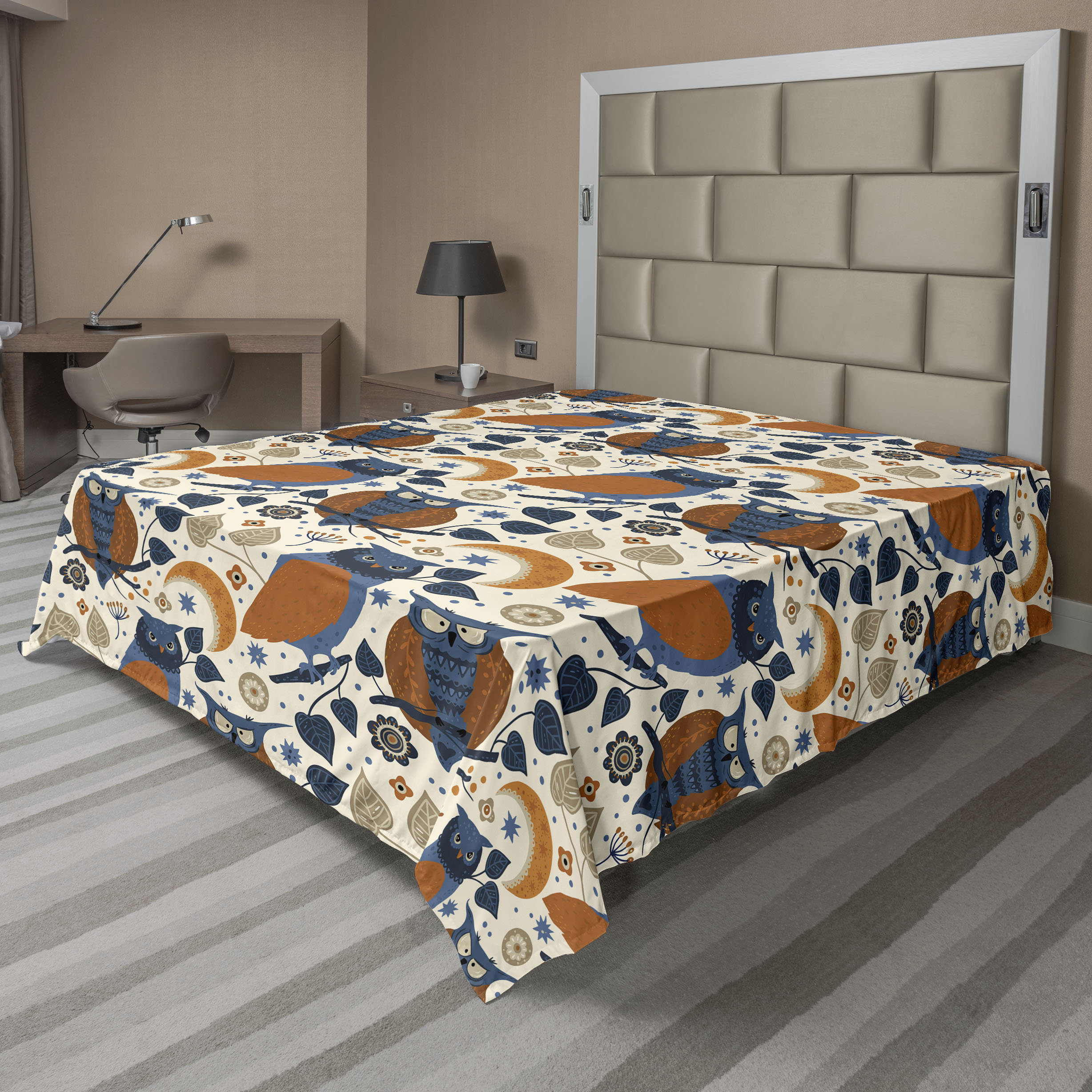 Ambesonne Nature Flat Sheet Bohemian Owls Crescent Moon Cinnamon Sea Blue and Ivory | Wayfair