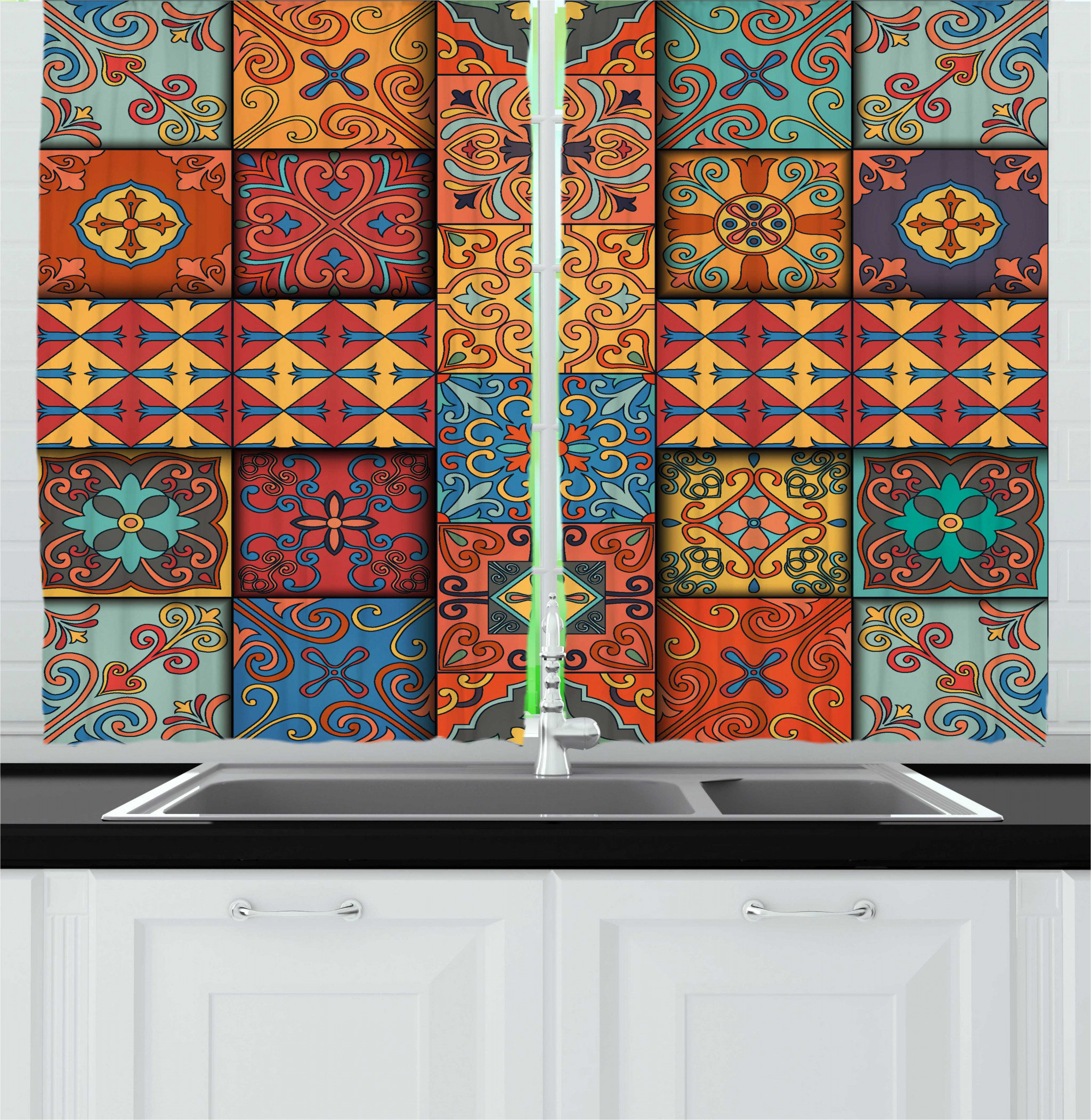 Ambesonne 2 Piece Talavera Colorful Dimensional Look Tile Squares ...