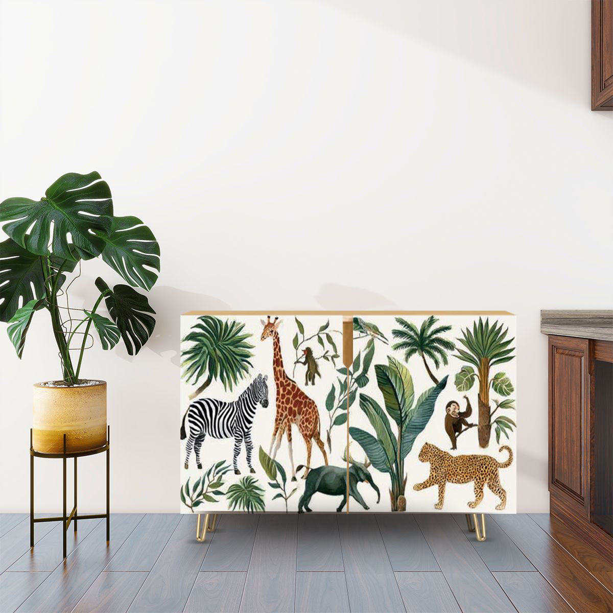 Dakota Fields Sideboard Buffet Cabinet with Storage Tropical tree elements such as palm monstera ...