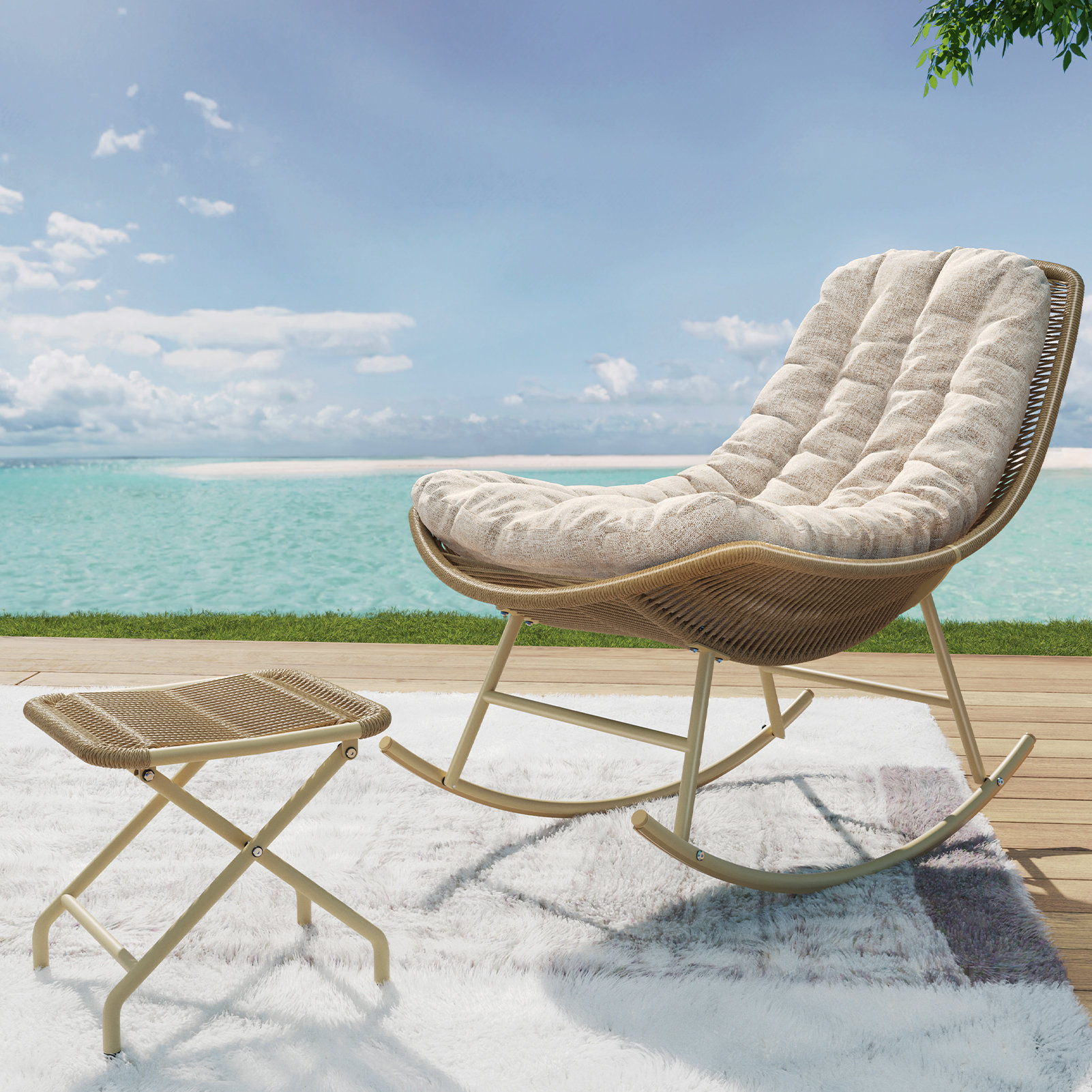 Bay Isle Home™ Wicker Outdoor Rocker Chair With Ottoman | Wayfair