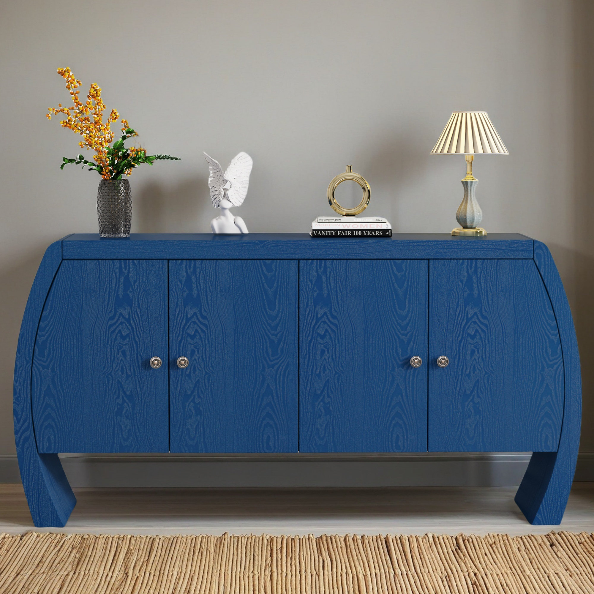 Ebern Designs Four-Door Ash Veneer Storage Cabinet With Curved Legs ...