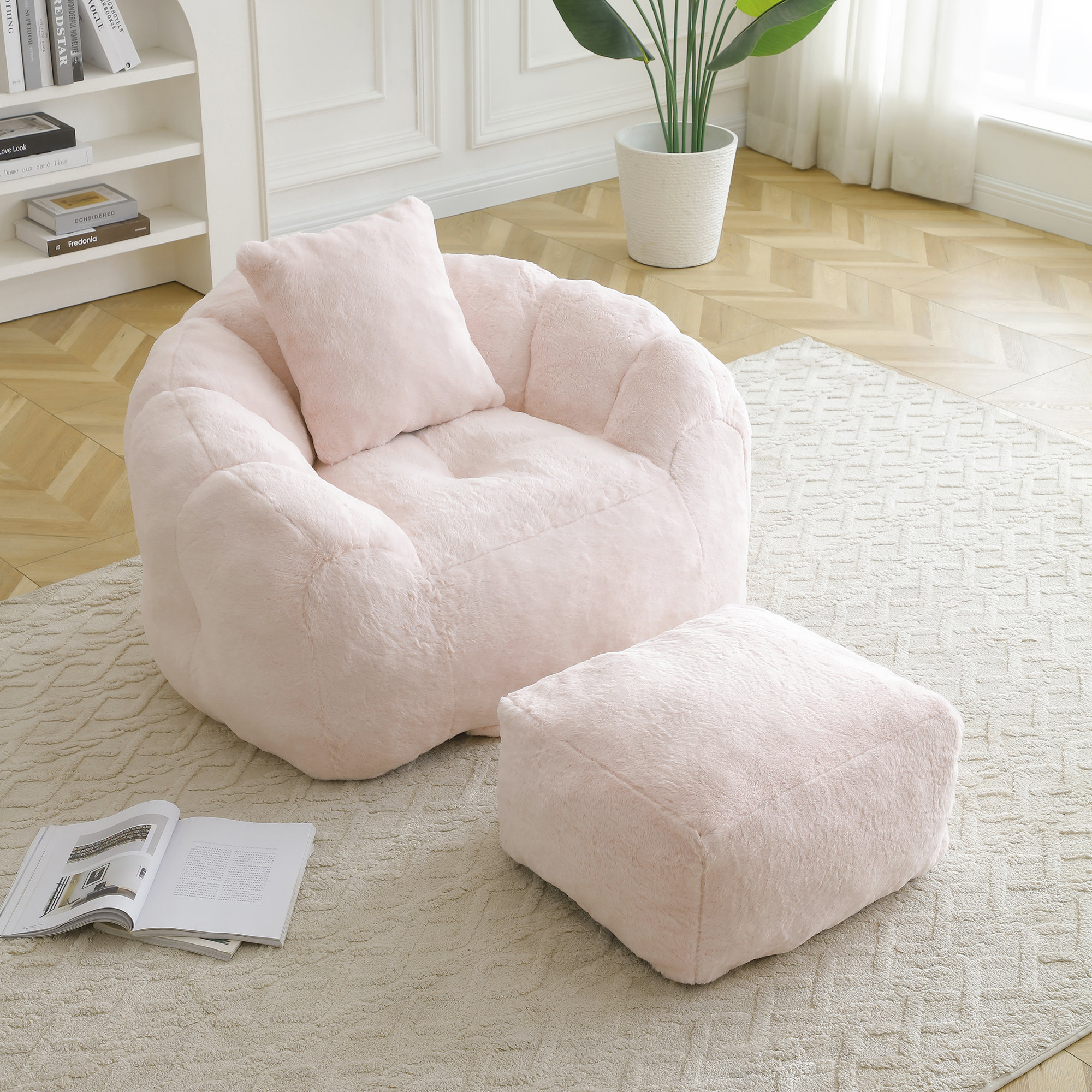 Trule Giant Shell-shaped Bean Bag Chair & Ottoman - Faux Fur Oversized ...
