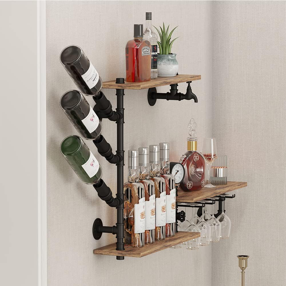 Williston Forge 3 Tier Industrial Wall Wine Rack, 46In Floating Bar ...