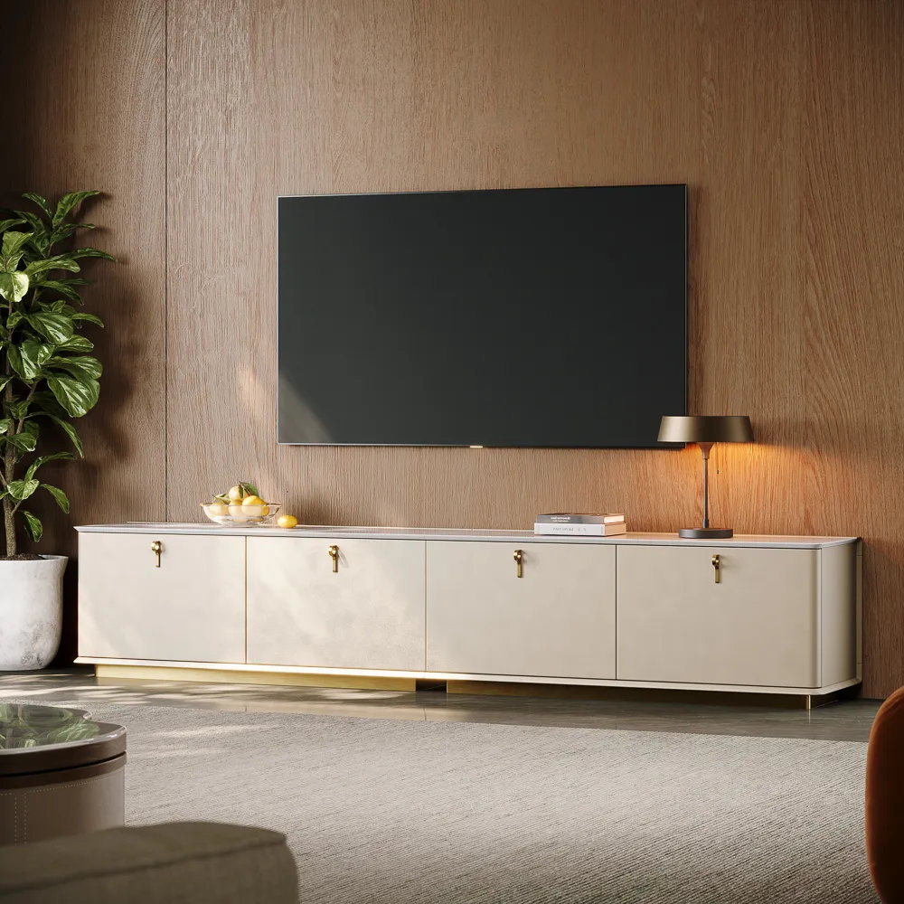 POVISON Luxury TV Stand With Glossy Sintered Stone Tabletop | Wayfair