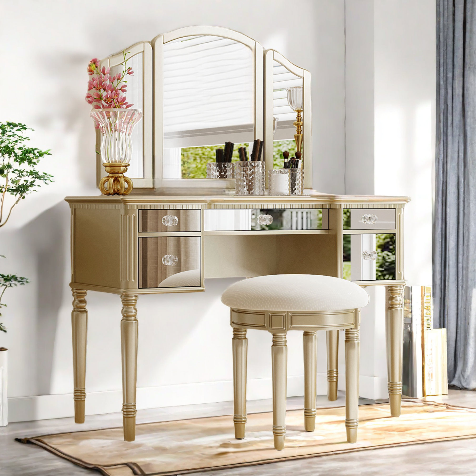 Rosdorf Park Tri-fold Mirror Dressing Table Set With 5 Mirrored Drawers ...