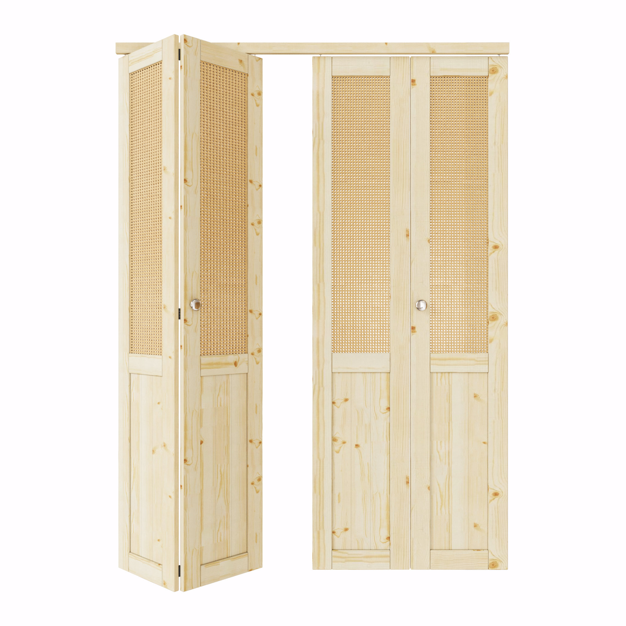 HOZONE Panelled Unfinished Wood And Imitation Rattan Hand-Woven Bi-Fold ...