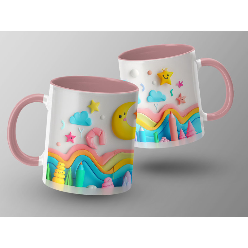 East Urban Home Kids Drawing Style 11oz Accent Mugs – Ceramic Coffee ...