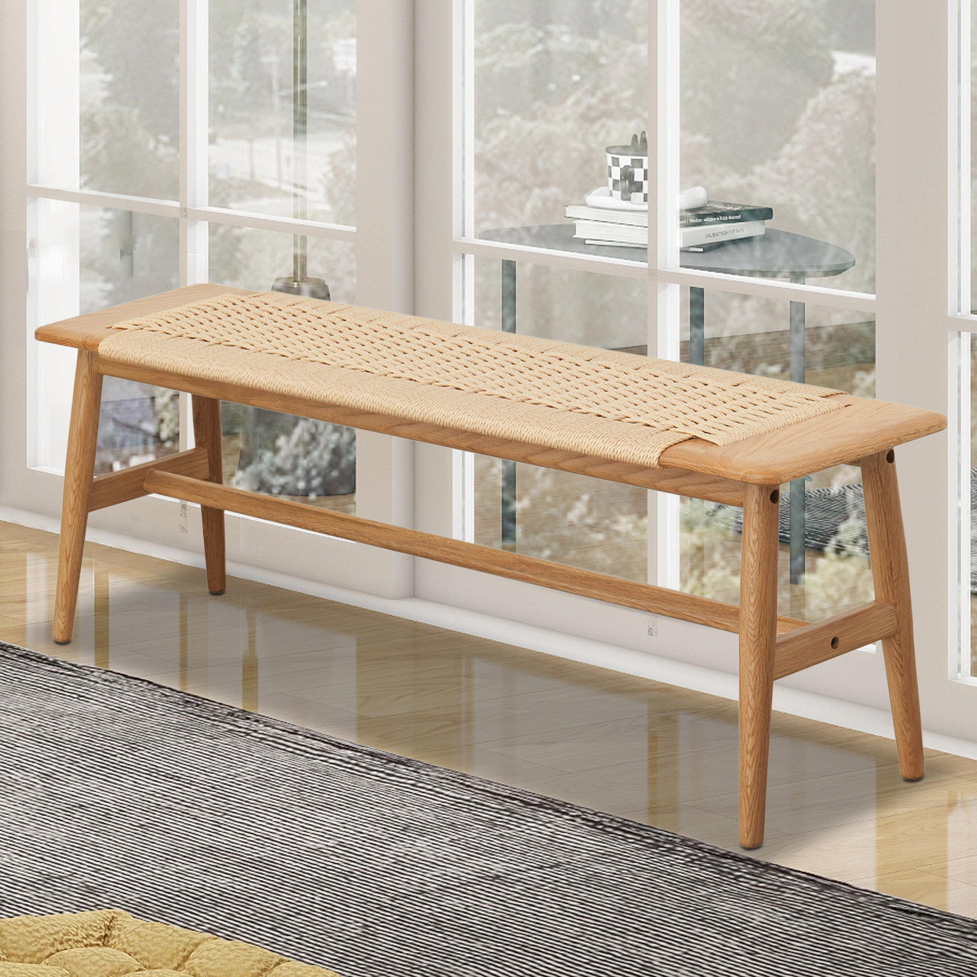 George Oliver Ersela Rustic Farmhouse Wooden Bench with Rattan Accents ...