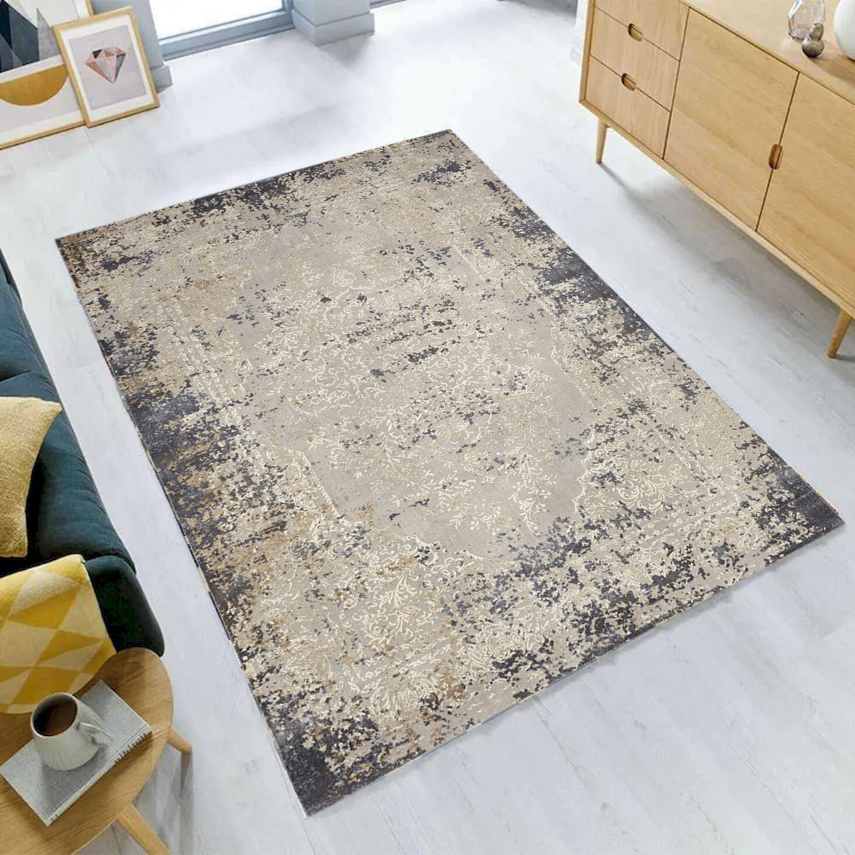 17 Stories Charisma V Muted Grey Ivory Medallion Distressed Rug ...