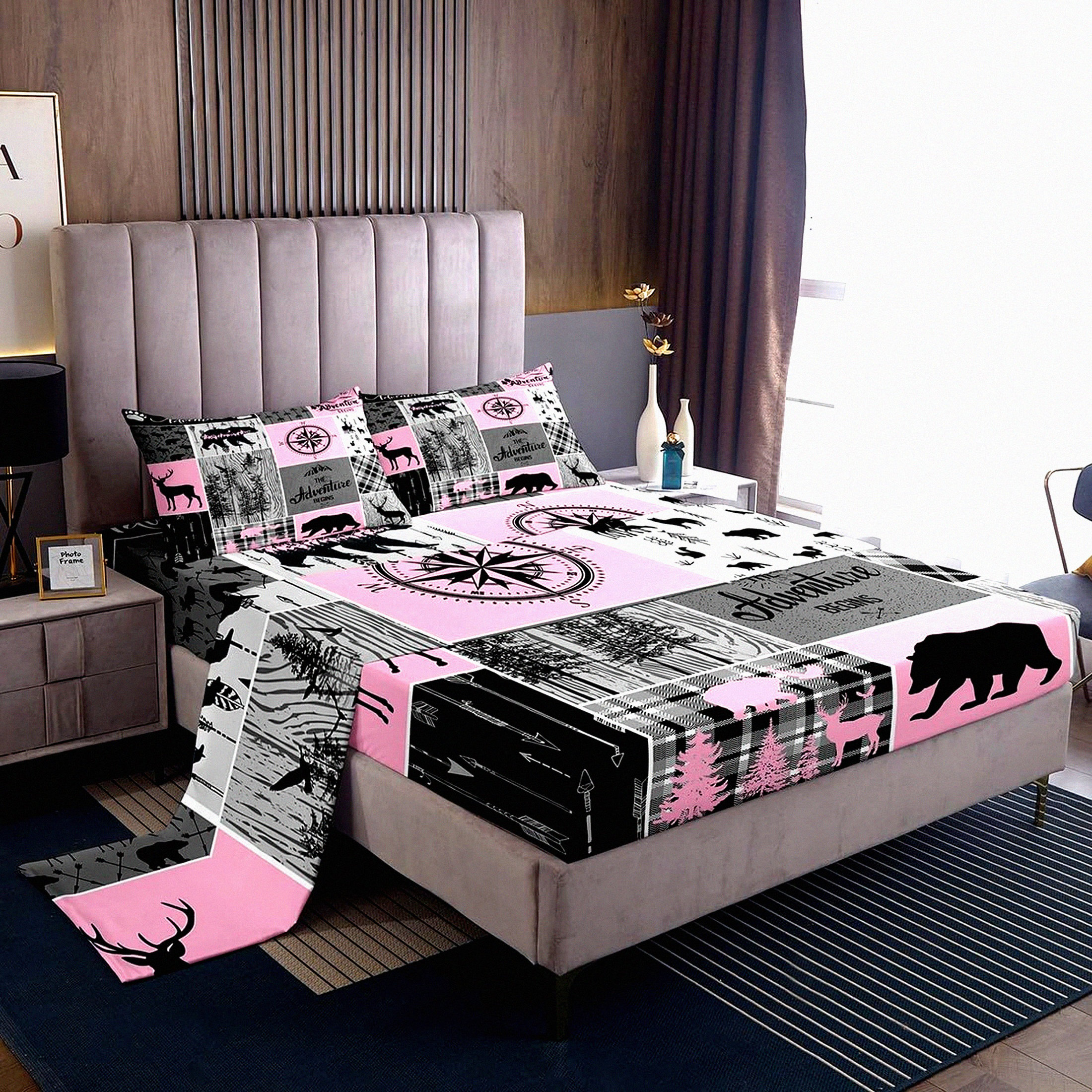 BRBCA Rustic Lodge Bear Buffalo Plaid Sheet Set - Twin Size - Hunting ...