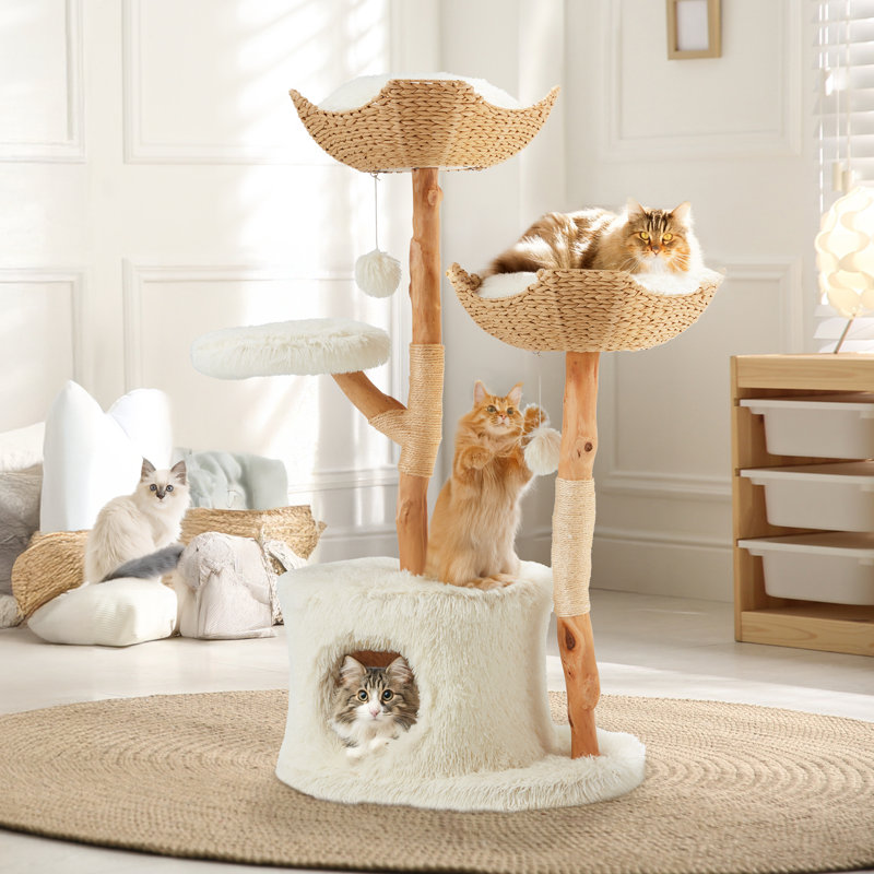 EROMMY Natural Wood Cat Tower With Hand-woven Baskets And Cat Condo ...