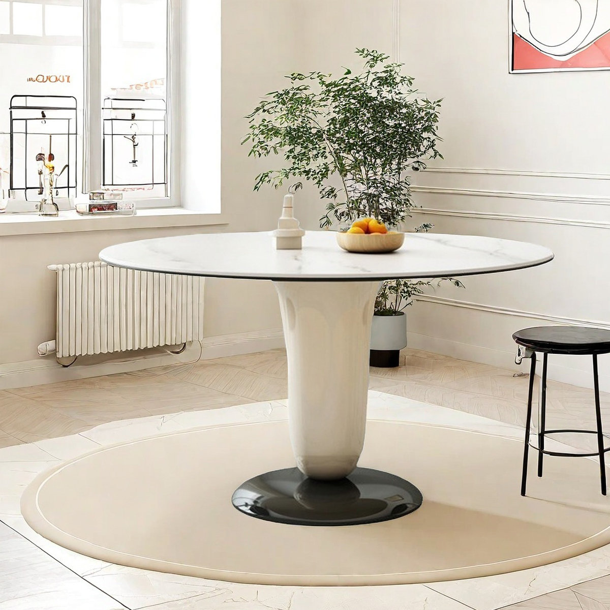 Sleek Surface Designs Creamy Glossy Round Rock Board Dining Table ...