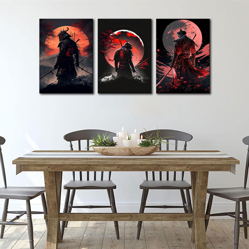 Trinx 3Pcs Japan Samurai Canvas Wall Art Japanese Style Full Moon Ninja ...