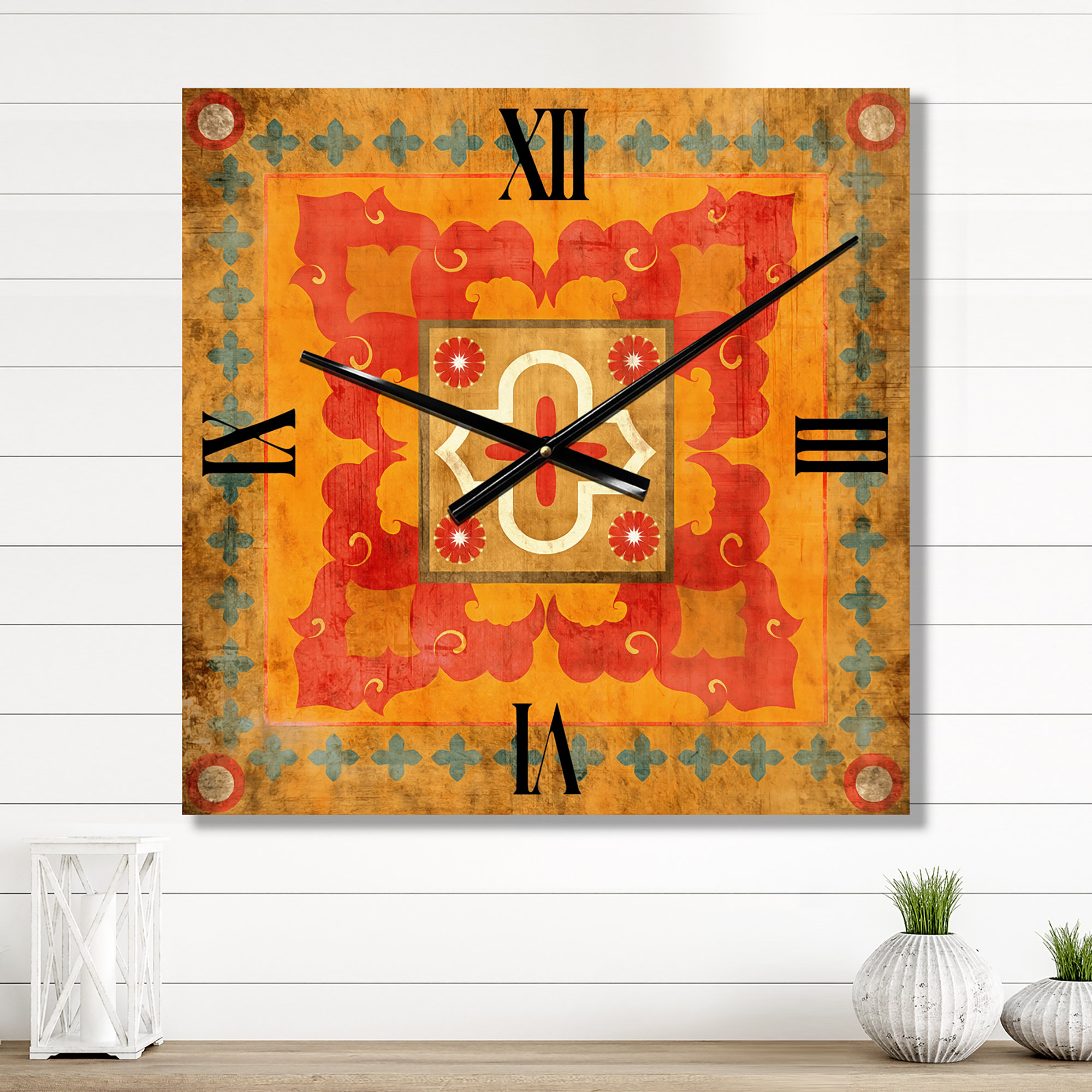 East Urban Home Moroccan Orange Tiles Collage II - Bohemian Wall Clock ...