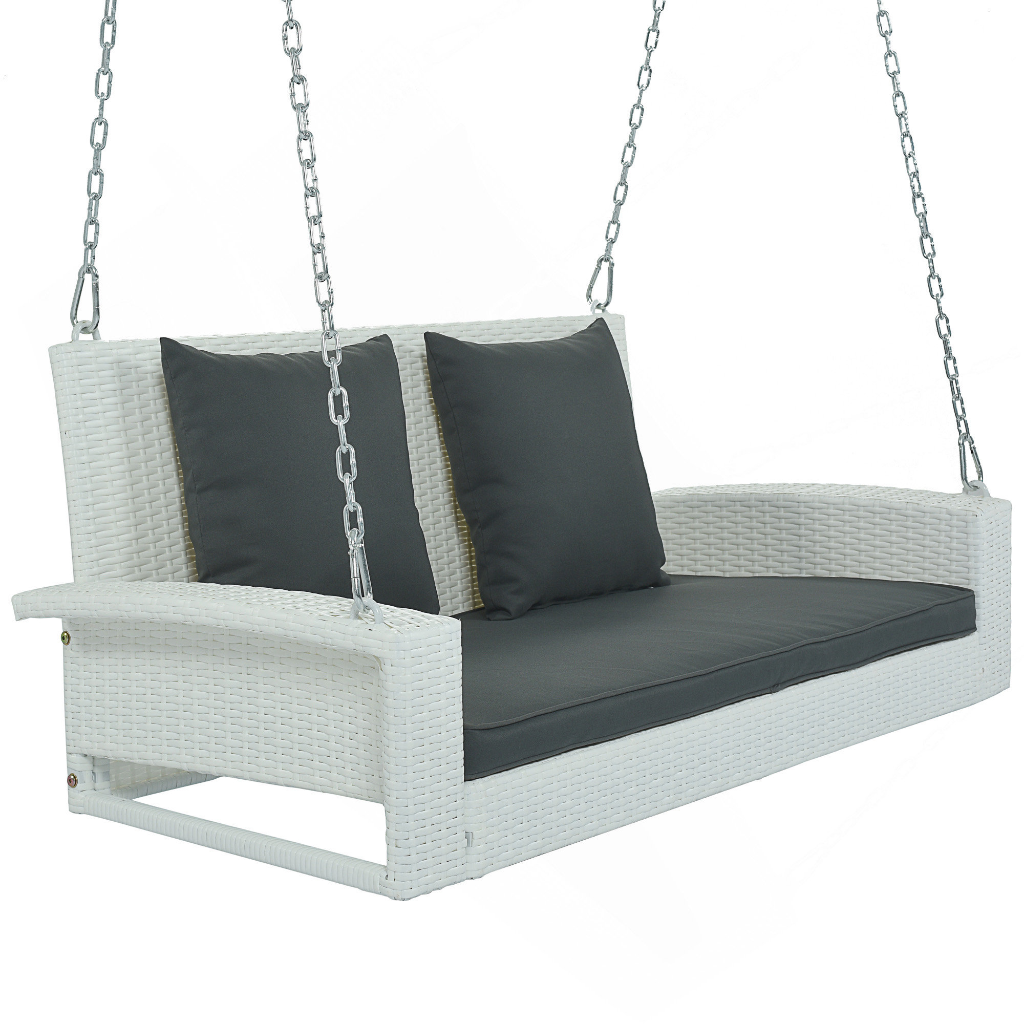 Highland Dunes 2-Person Wicker Hanging Porch Swing With Chains, Cushion, Pillow, Rattan Swing ...