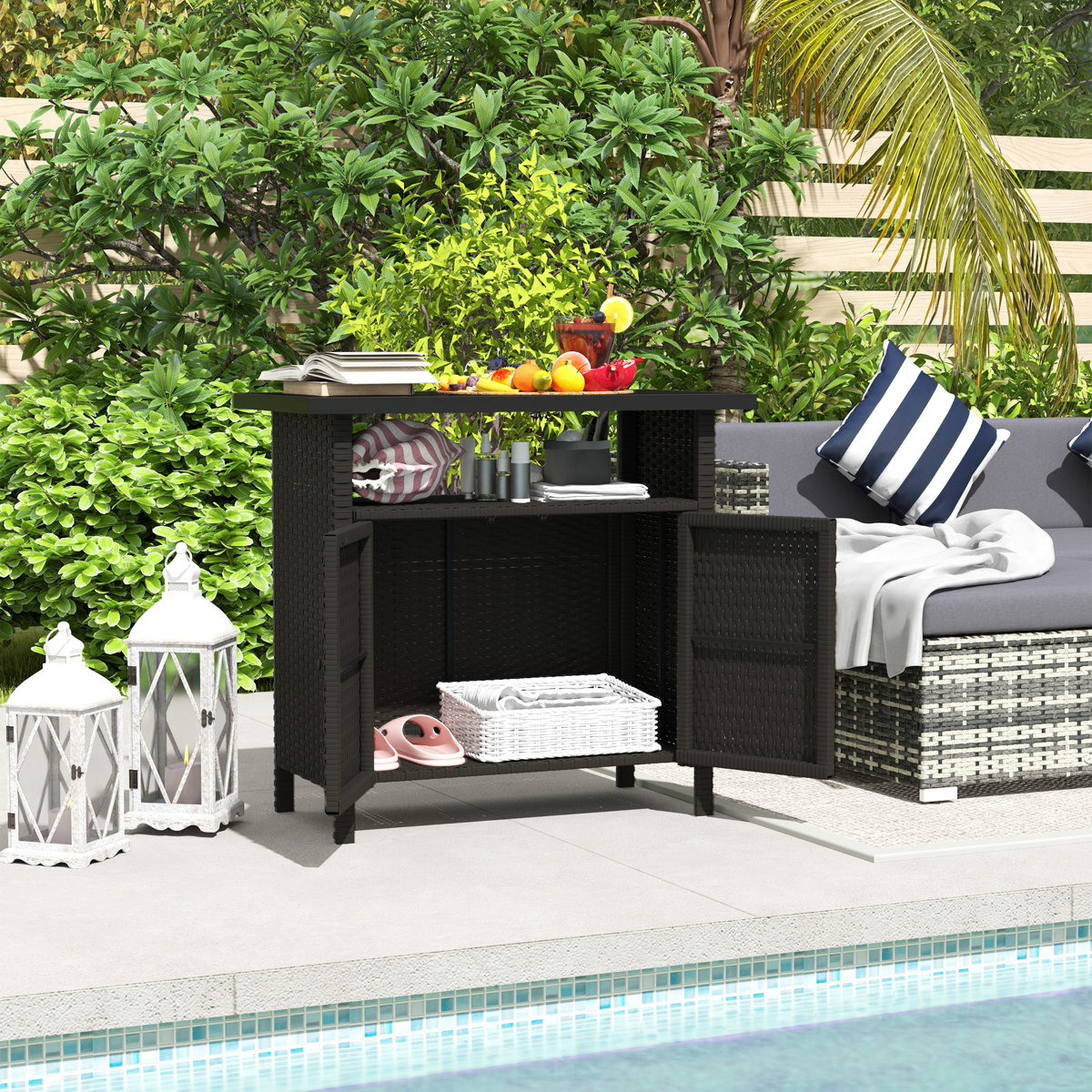 Outsunny Wicker Outdoor Storage Cabinet, Rattan Outdoor Bar Table with ...