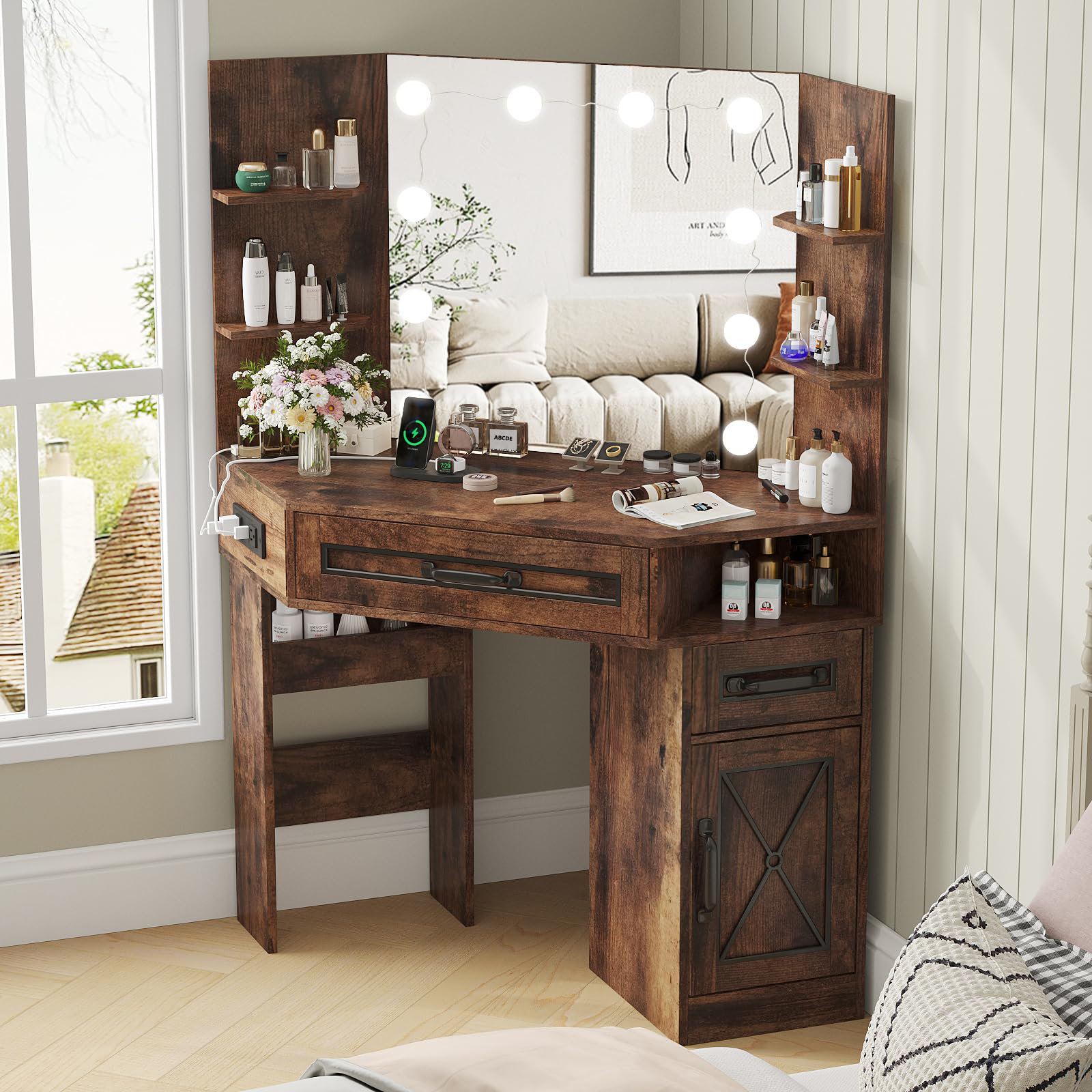 Millwood Pines Corner Makeup Vanity With Mirror And Lights | Wayfair