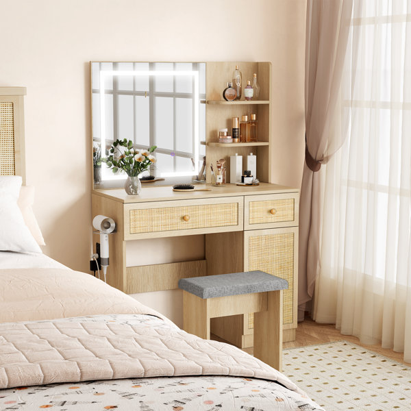 Latitude Run® Avonelle Boho Natural Rattan Vanity with LED Mirror and ...