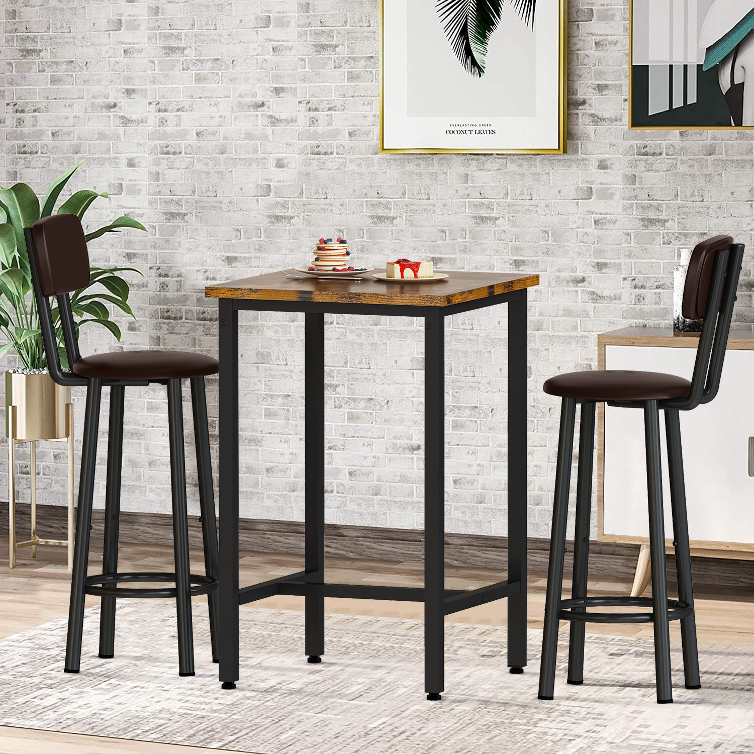 17 Stories 3-Piece Modern Industrial Bar Table Set With 2 PU Leather ...