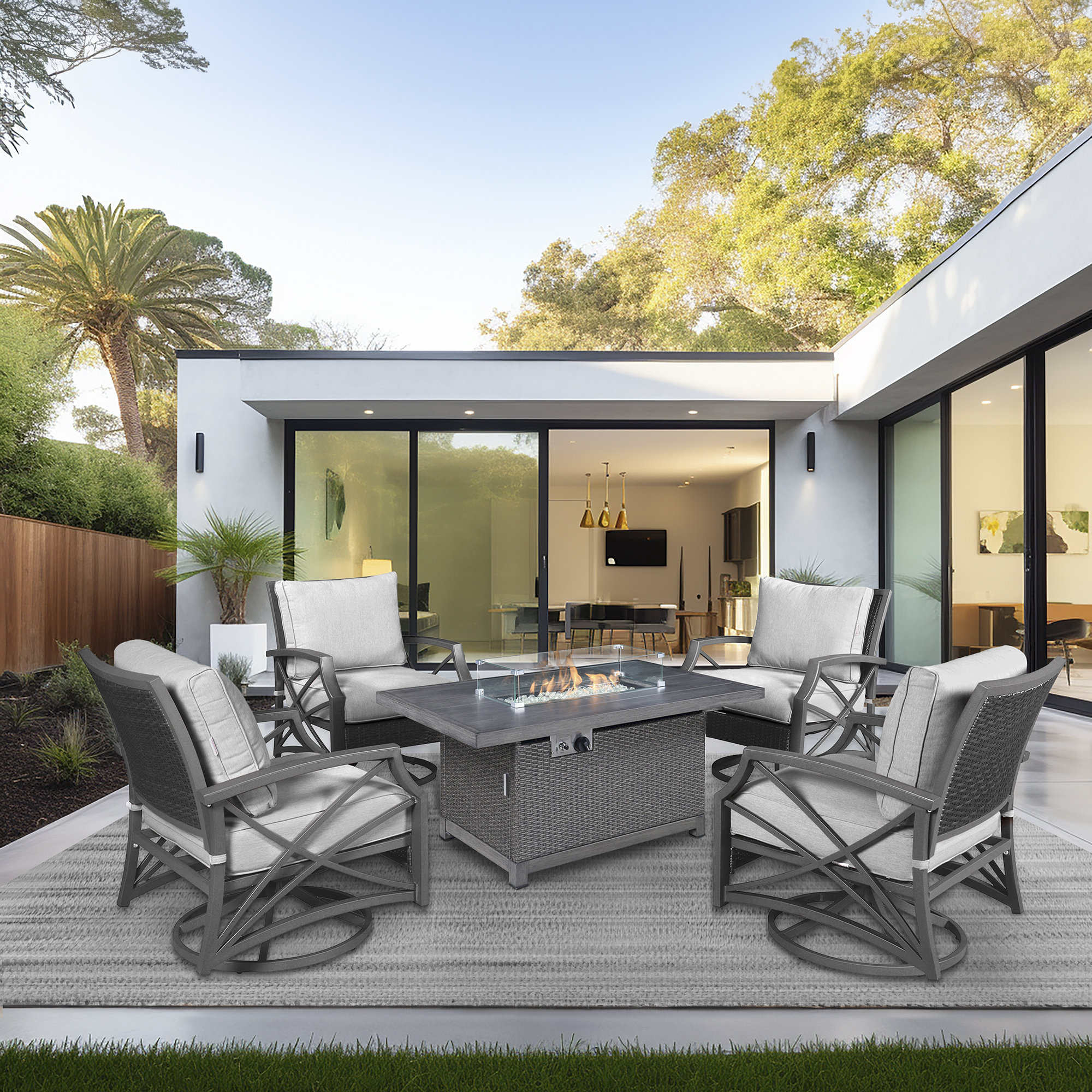 Lark Manor Seelyville 5 Piece Rattan Complete Patio Set with Cushions ...