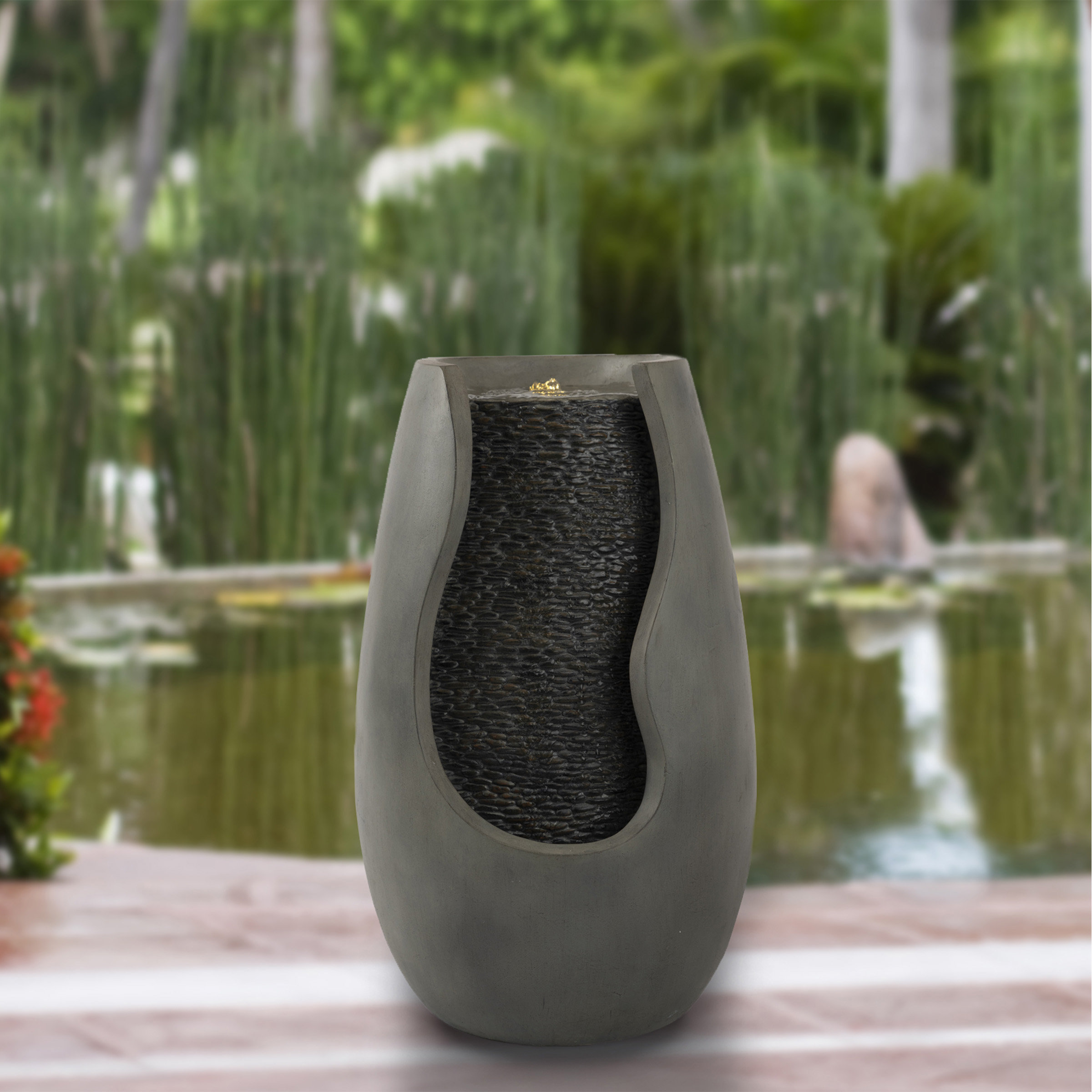 Pure Garden 14" Modern Outdoor Concrete Cascading Water Fountain Pot ...