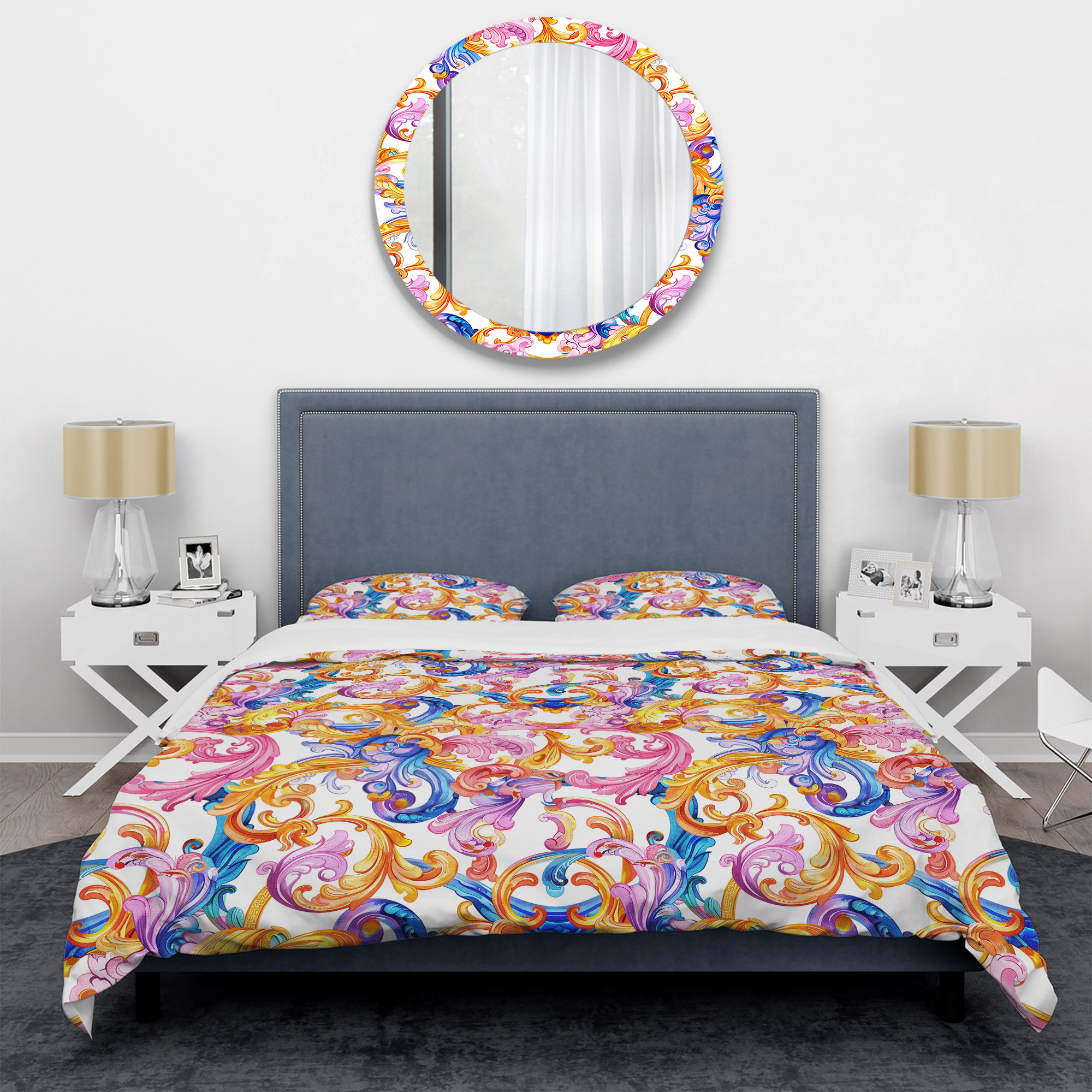 Design Art Pink And Blue Vintage Baroque Floral Glam Print - Glam Duvet ...