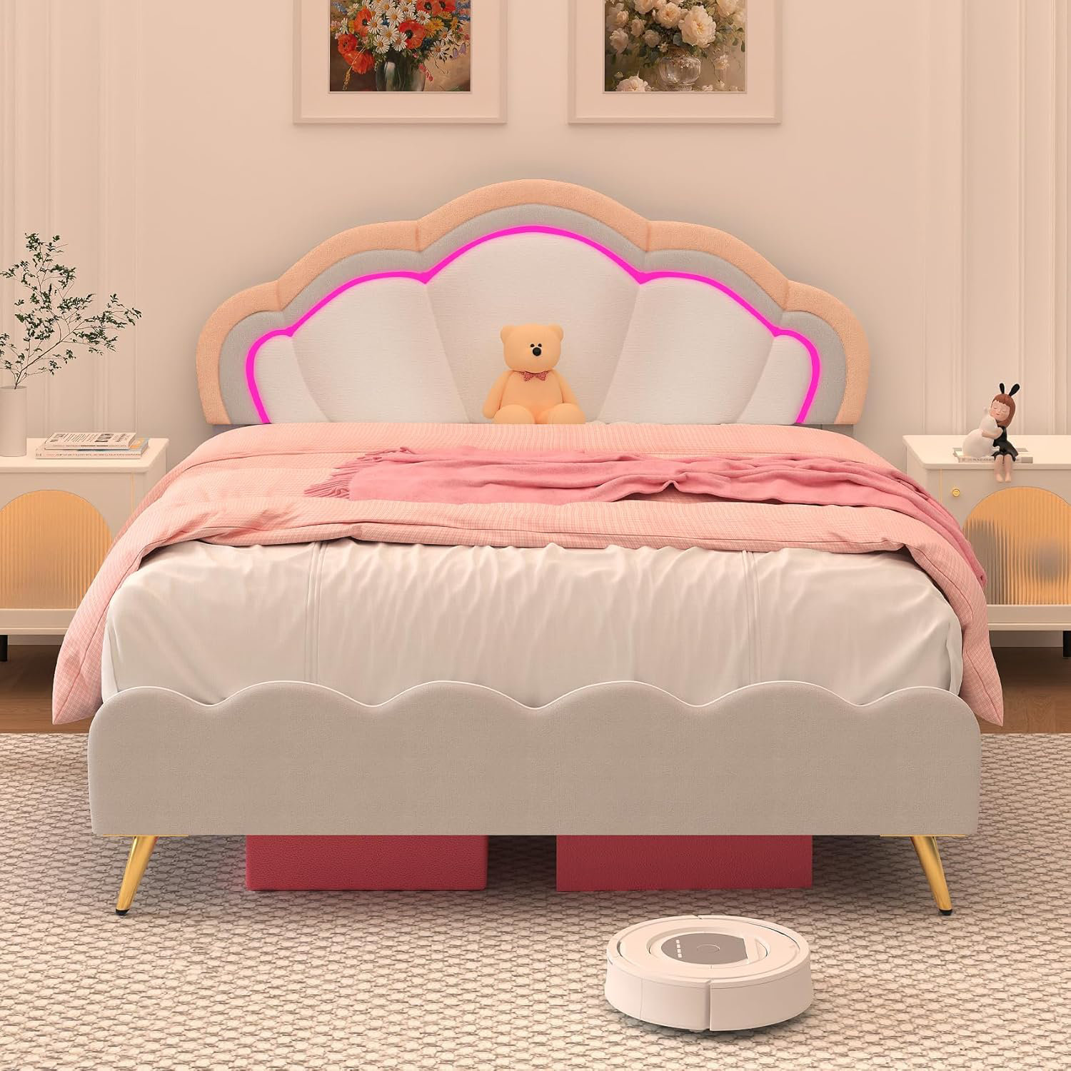 Wrought Studio™ Queen Upholstered Smart LED Bed Frame with Adjustable ...