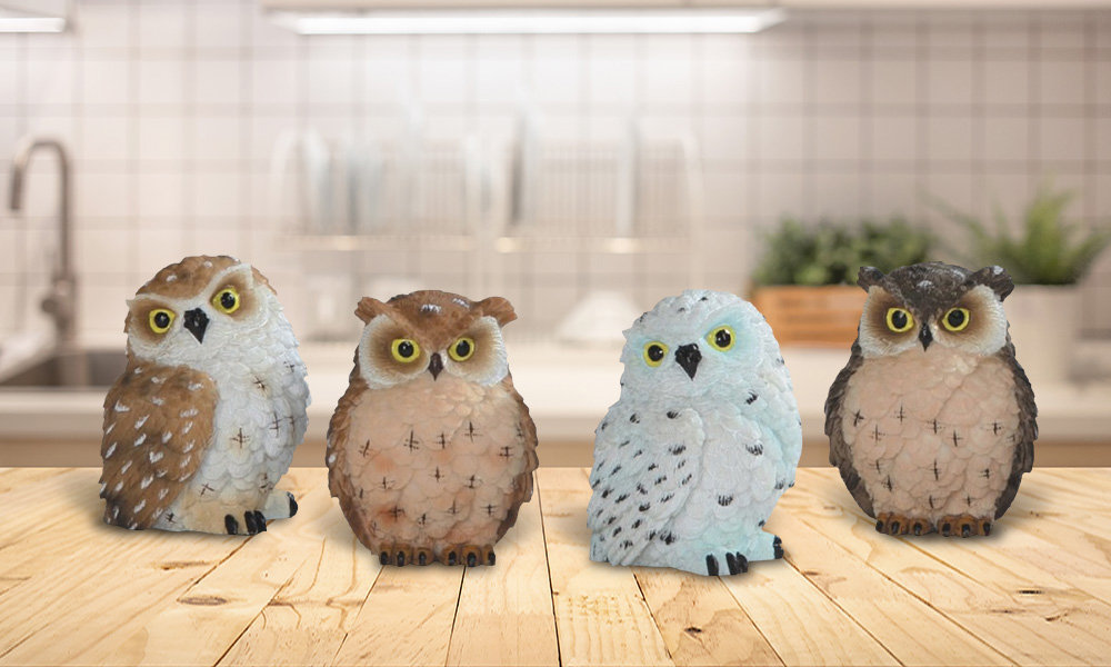 Millwood Pines Brysten 4-PC Owl with Four 2"H Mini Owl Figurine Unique ...