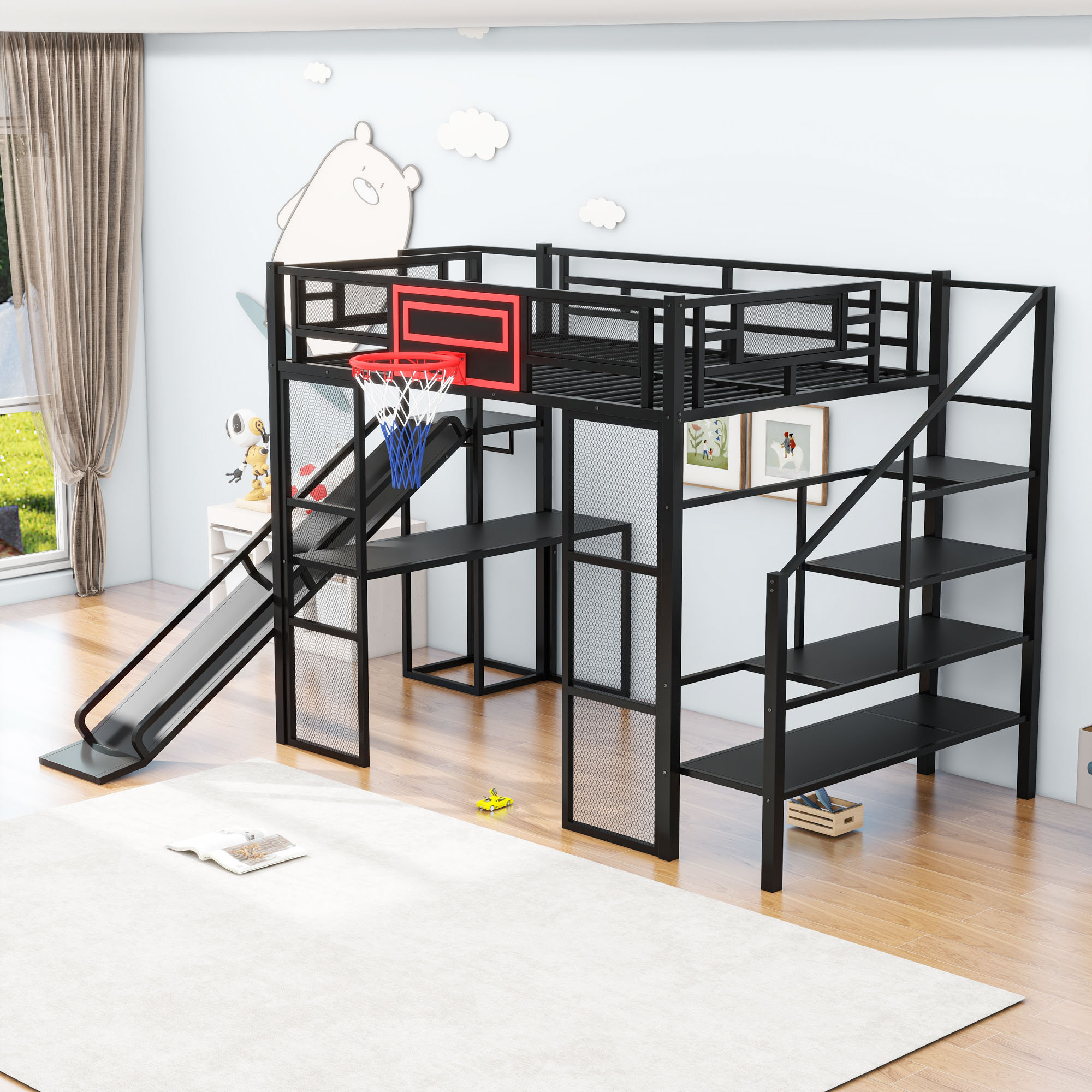 Isabelle & Max™ Full Metal Loft Bed With Built-In Desk, Basketball Hoop ...