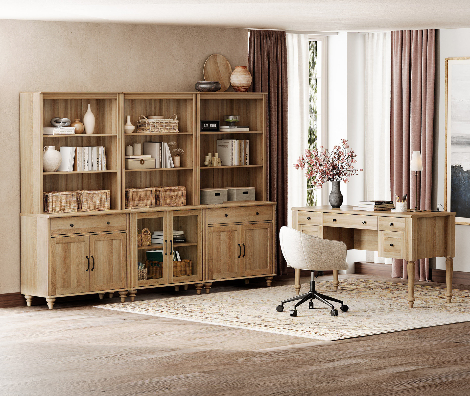 Rosalind Wheeler 2 Piece Office Set, 56" Executive Desk, Bookcases With ...