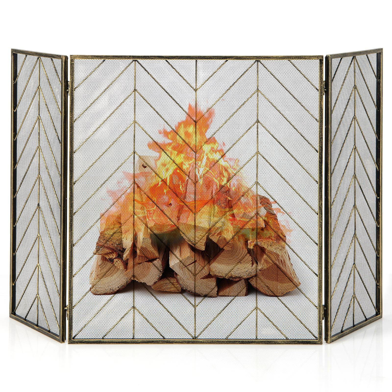 George Oliver Fireplace Screen, 3-panel Foldable Wrought Iron Fireplace ...