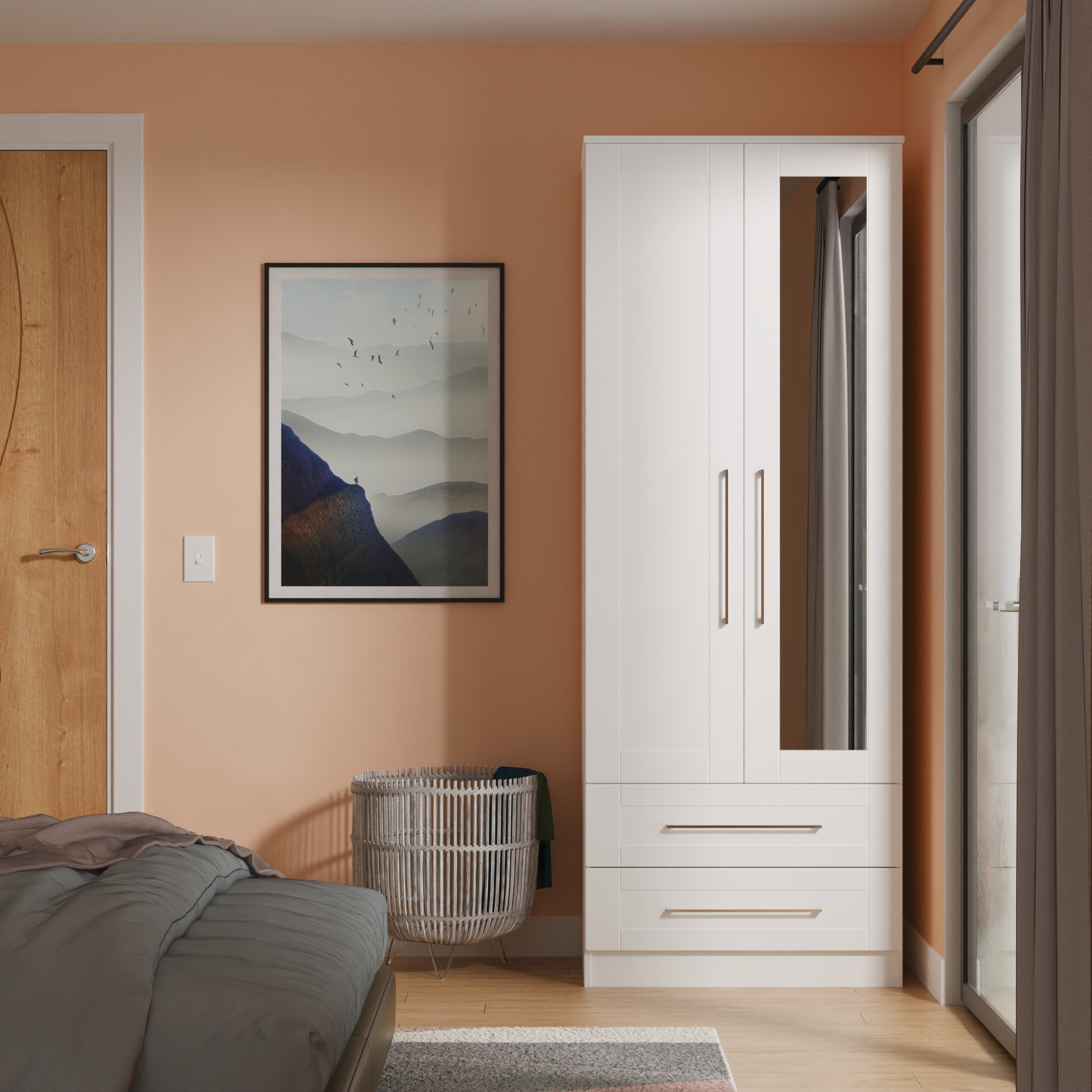 Brayden Studio Charone Tall 2 Door 2drw Mirrored Robe in White Ash ...