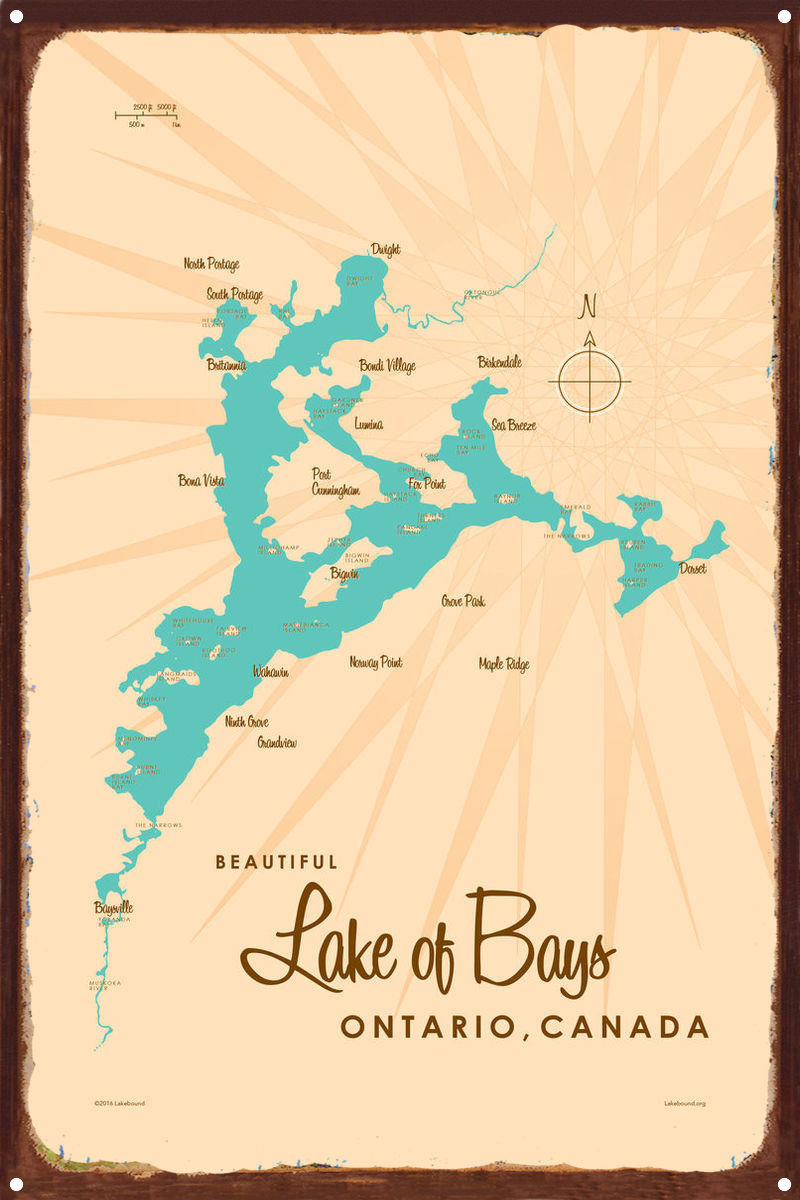 Breakwater Bay - Lake of Bays Ontario Map Rustic Metal Art Print - by ...
