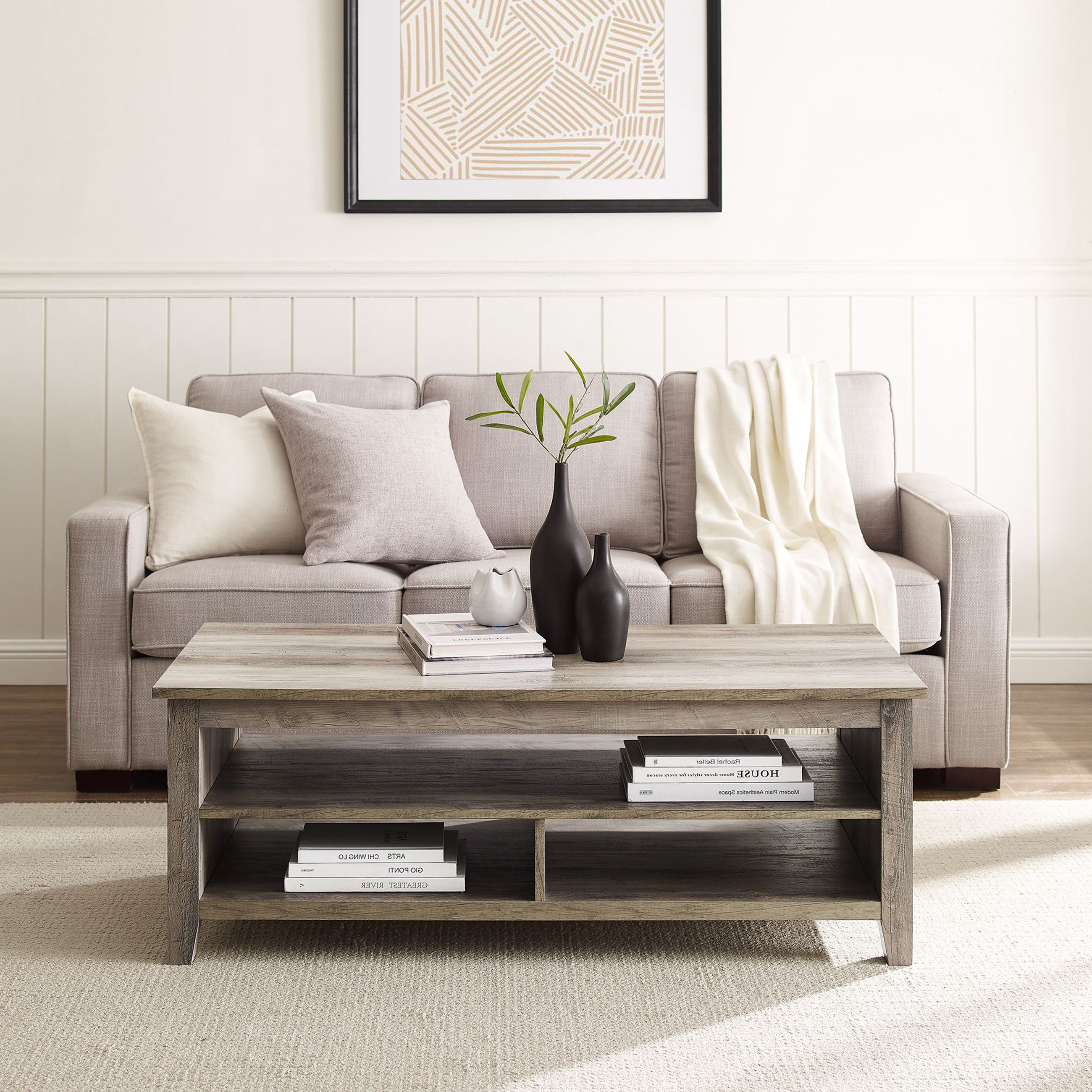 Gracie Oaks Coastal Grooved Panel Coffee Table with Lower Shelf ...