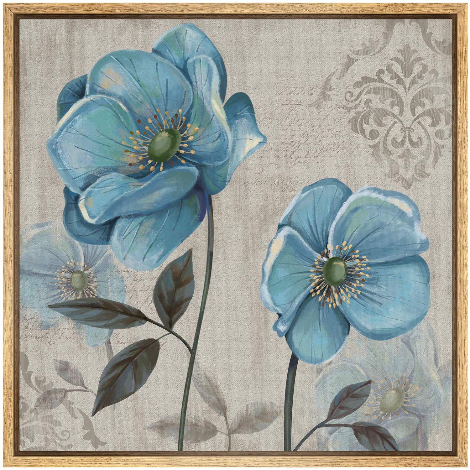 wall26 Blue Magnolias With Floral Insignia Typography Floral Plants ...