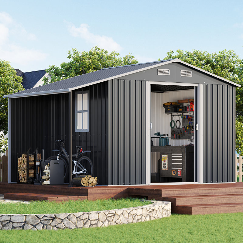 AMERLIFE Outdoor Storage Shed, Metal Shed with Sliding Doors Two 4-Pane ...