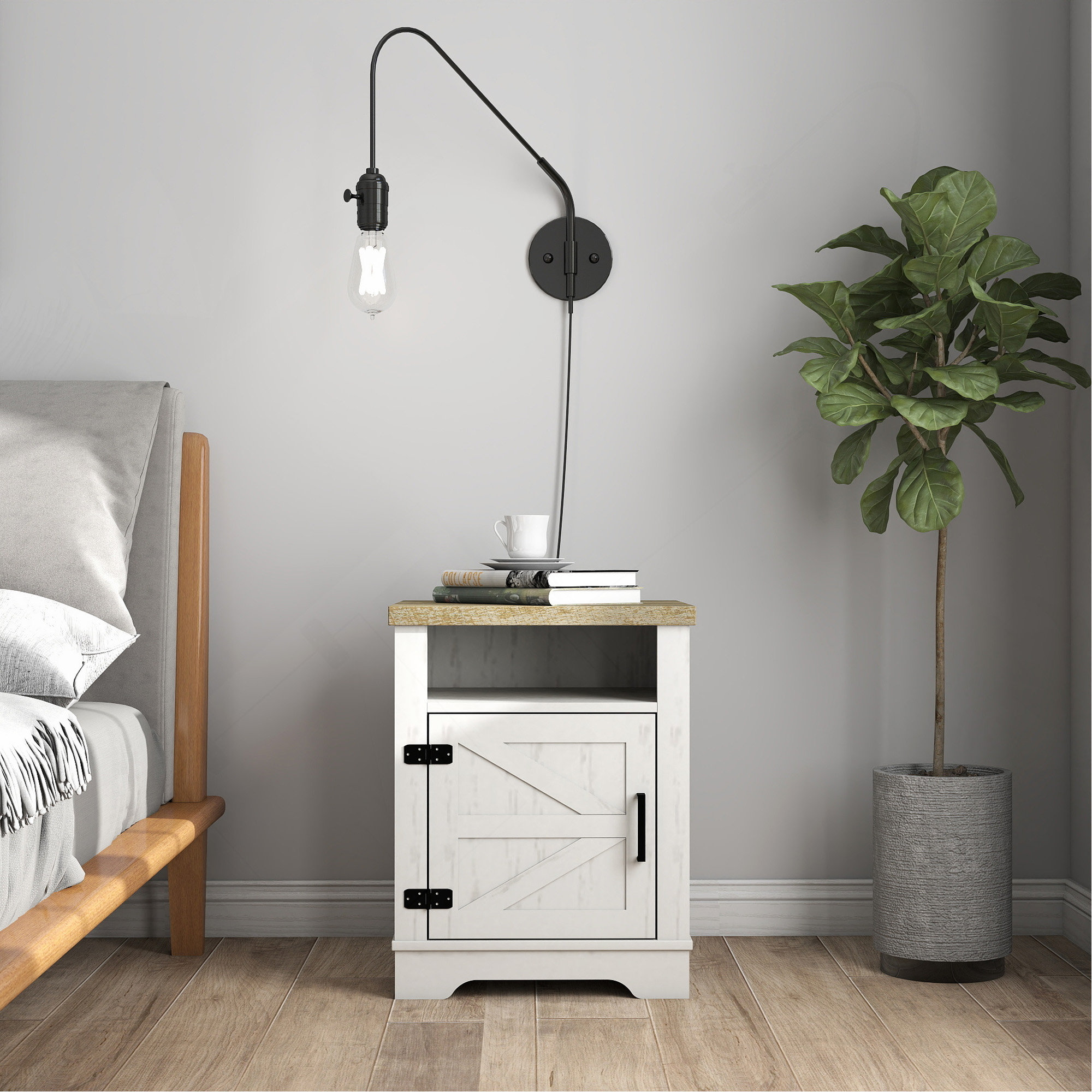 Everly Quinn Farmhouse Nightstand , Beside Table With Barn Door, Modern ...