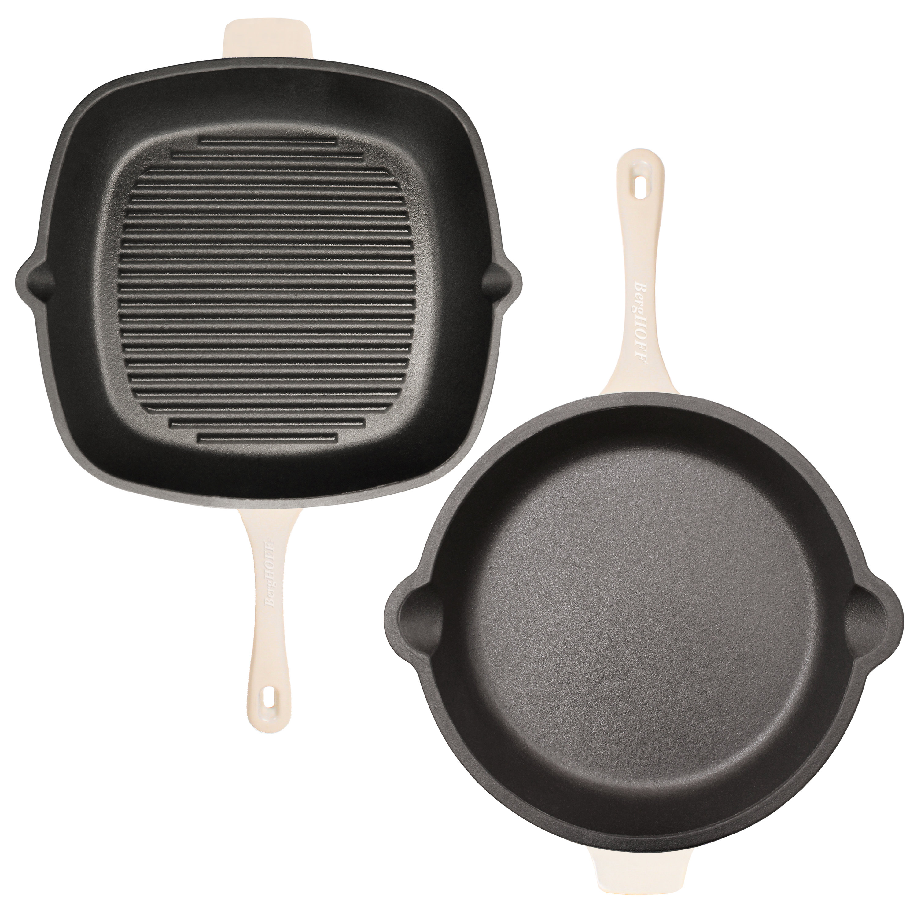 BergHOFF Neo 2Pc Cast Iron Set: 10" Fry Pan & 11" Grill Pan Set, Oyster ...