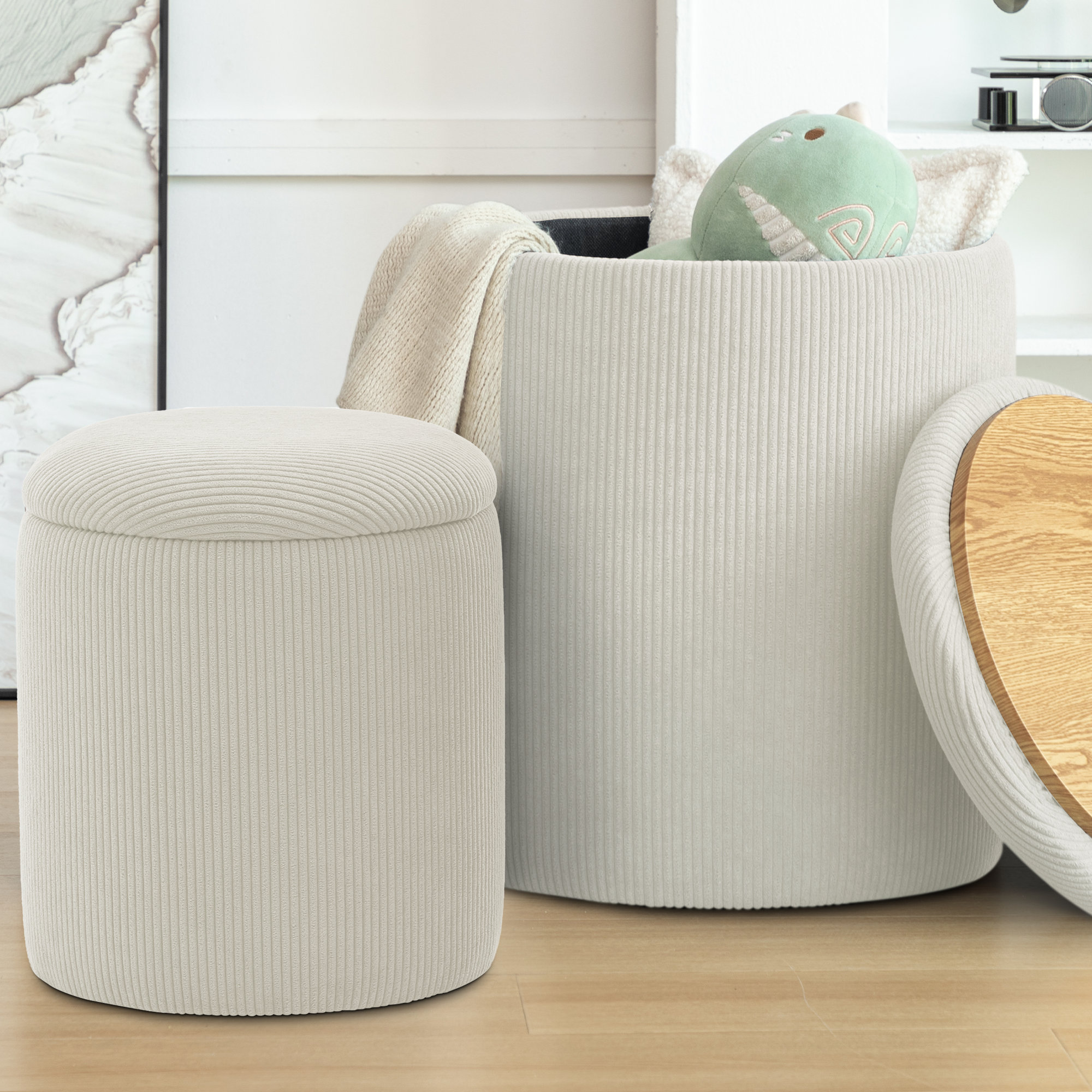 Ebern Designs Repose-pieds rond avec rangement, repose-pieds capitonné ...