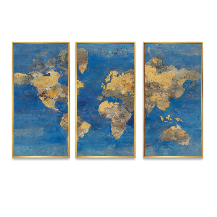 DesignArt Golden Glam World Map Framed On Canvas 3 Pieces Painting ...